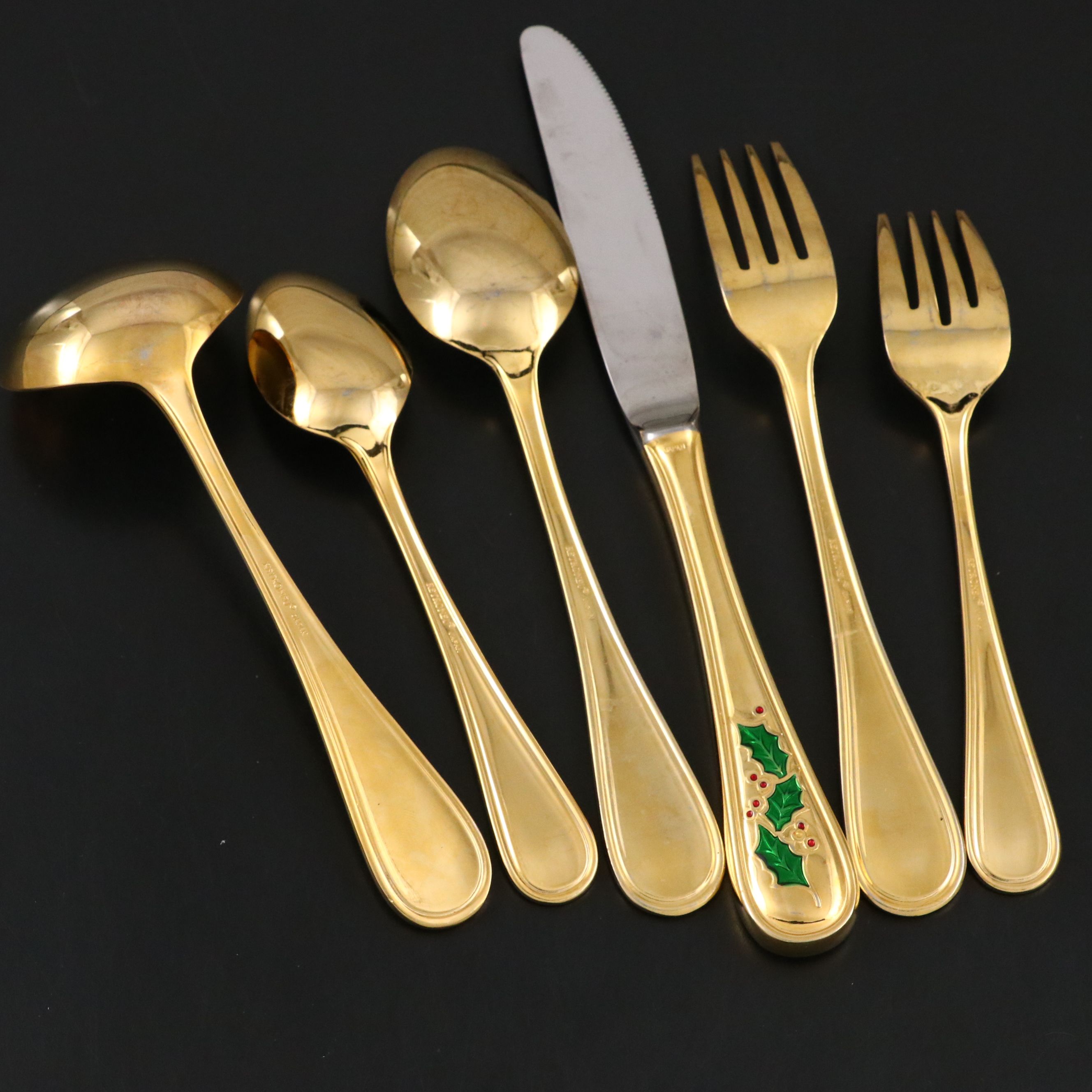 Retroneu "Hollyday" 24K Gold Plate Flatware with Holly Enamel Inlay | EBTH