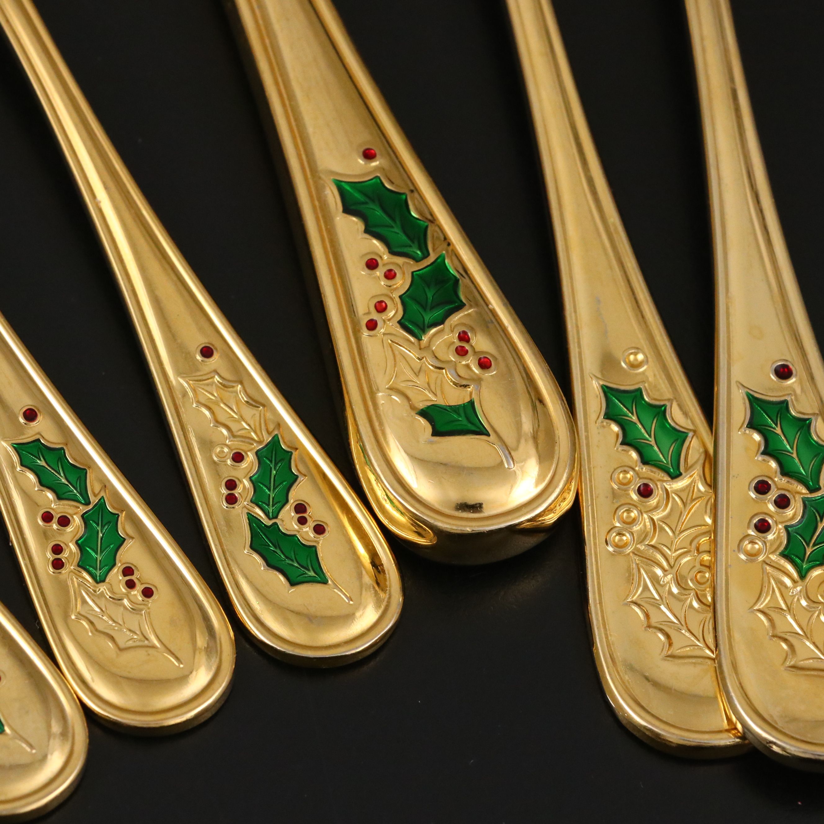 Retroneu "Hollyday" 24K Gold Plate Flatware with Holly Enamel Inlay | EBTH
