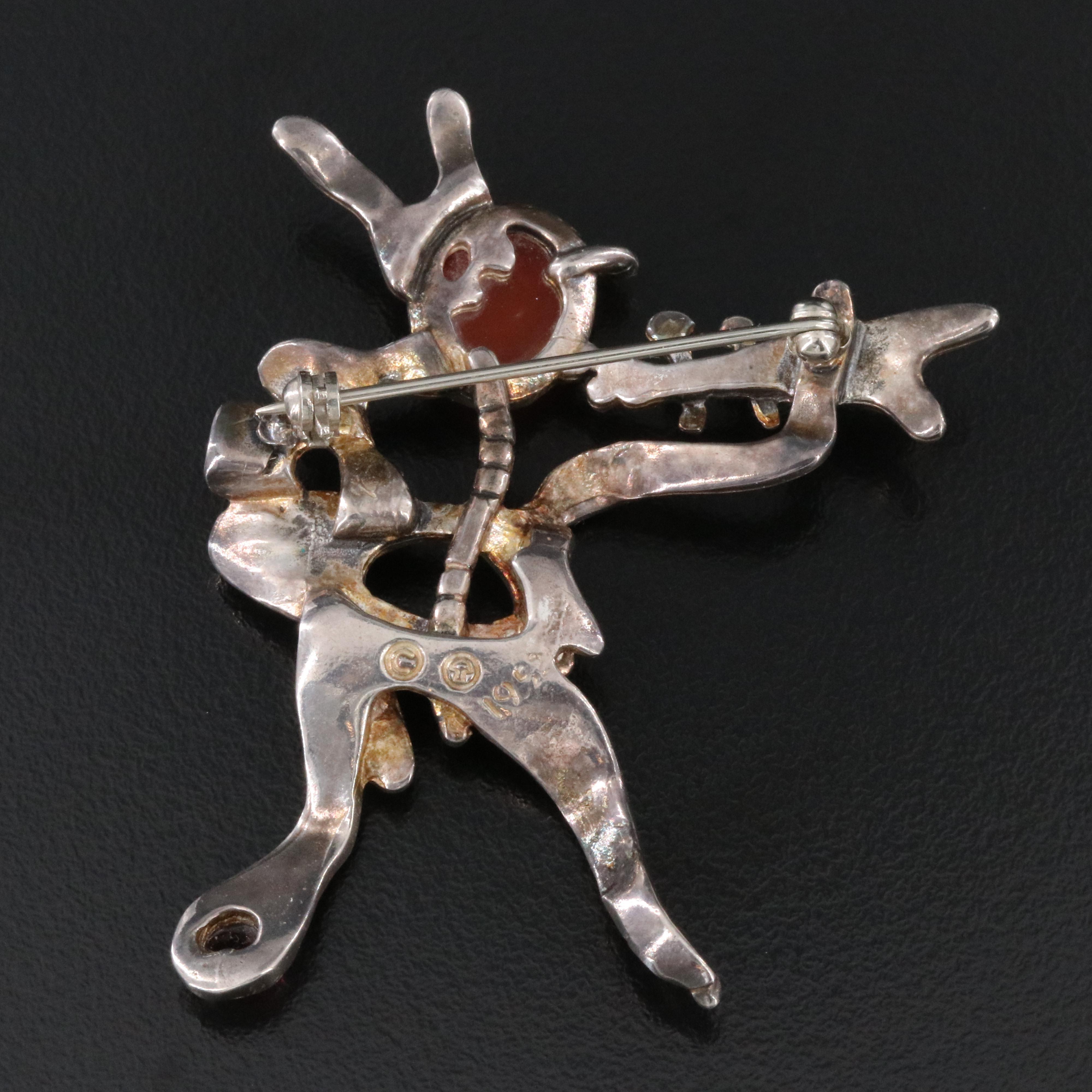 Sam Kramer Modernist, Surrealist Sterling Garnet and Carnelian Trumpeter Brooch | EBTH