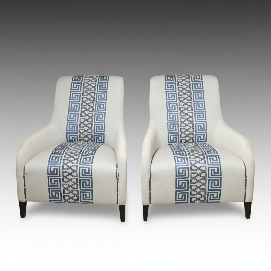 Pair of Contemporary Greek Key Pattern Upholstered Armchairs | EBTH