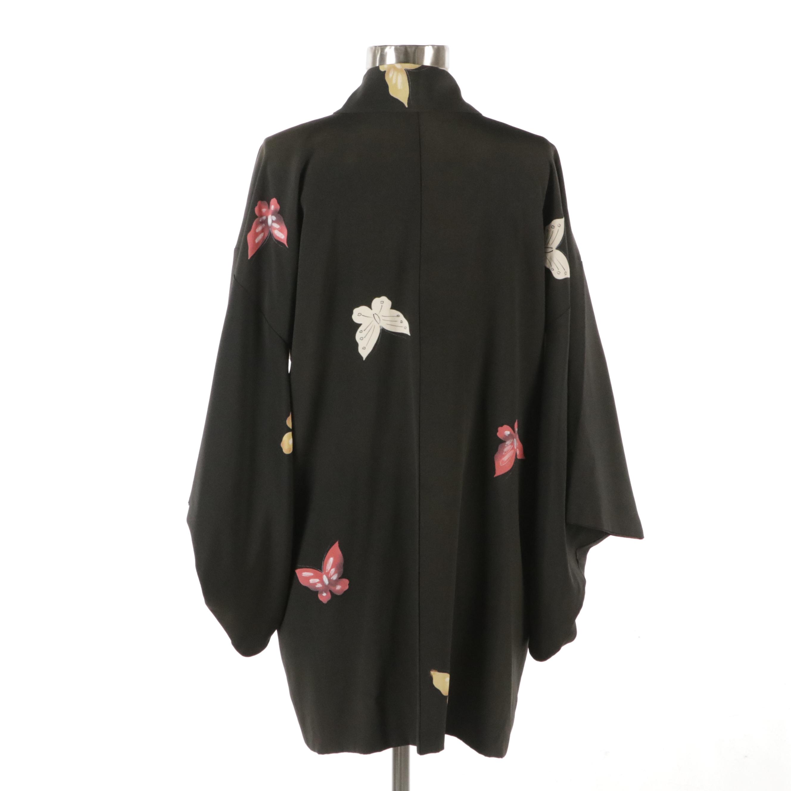 Japanese Chō Pattern Black Silk Haori | EBTH