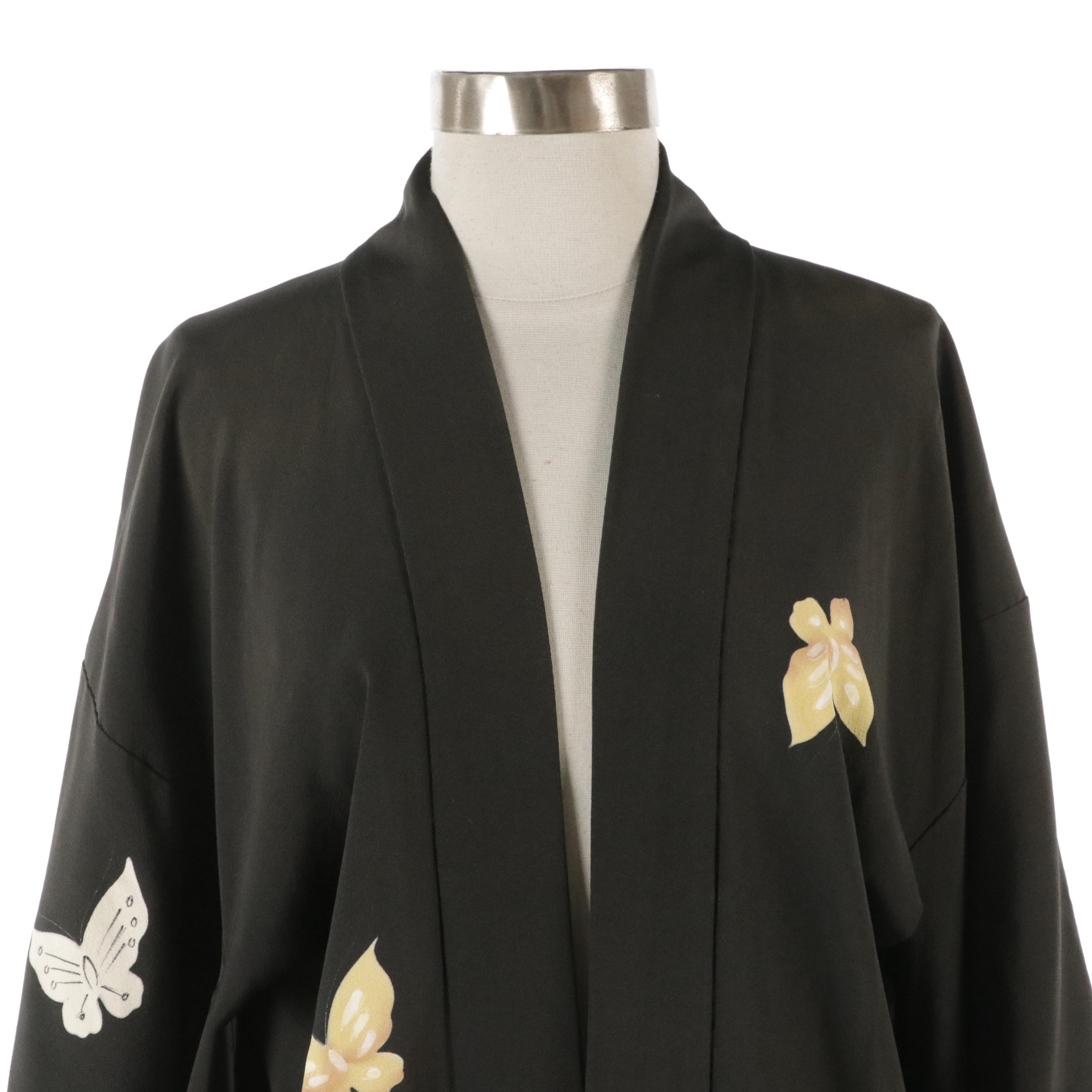 Japanese Chō Pattern Black Silk Haori | EBTH