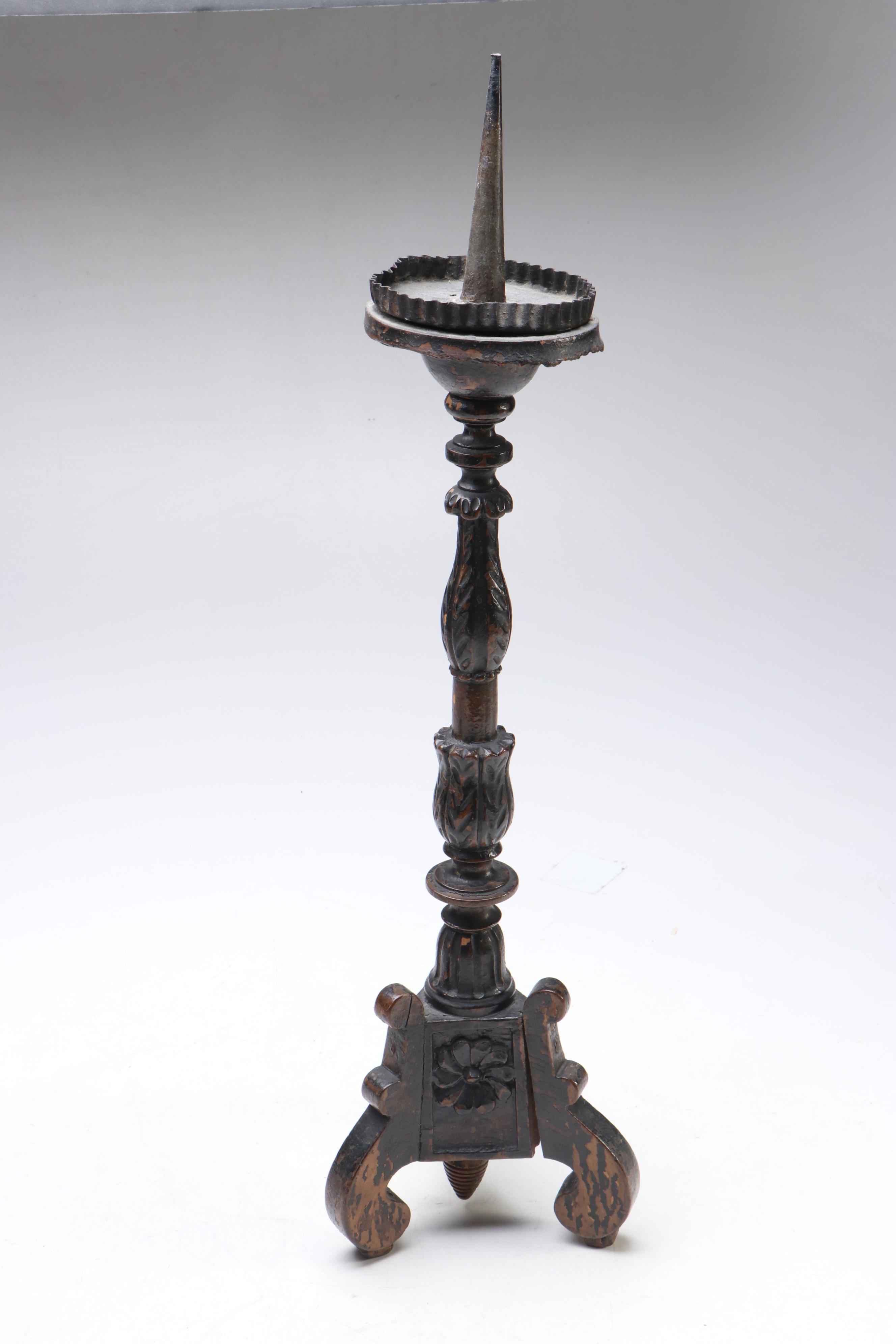 Gothic Revival Hand-Carved Wood and Metal Altar Prickets | EBTH