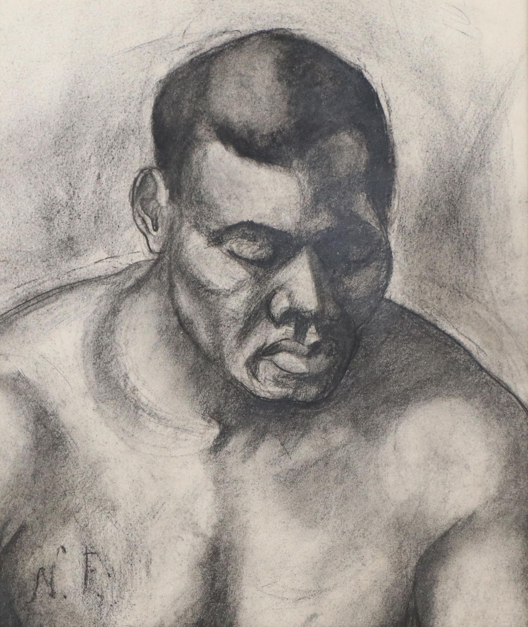 Charcoal Portrait Drawing of Joe Louis Signed N. F. | EBTH