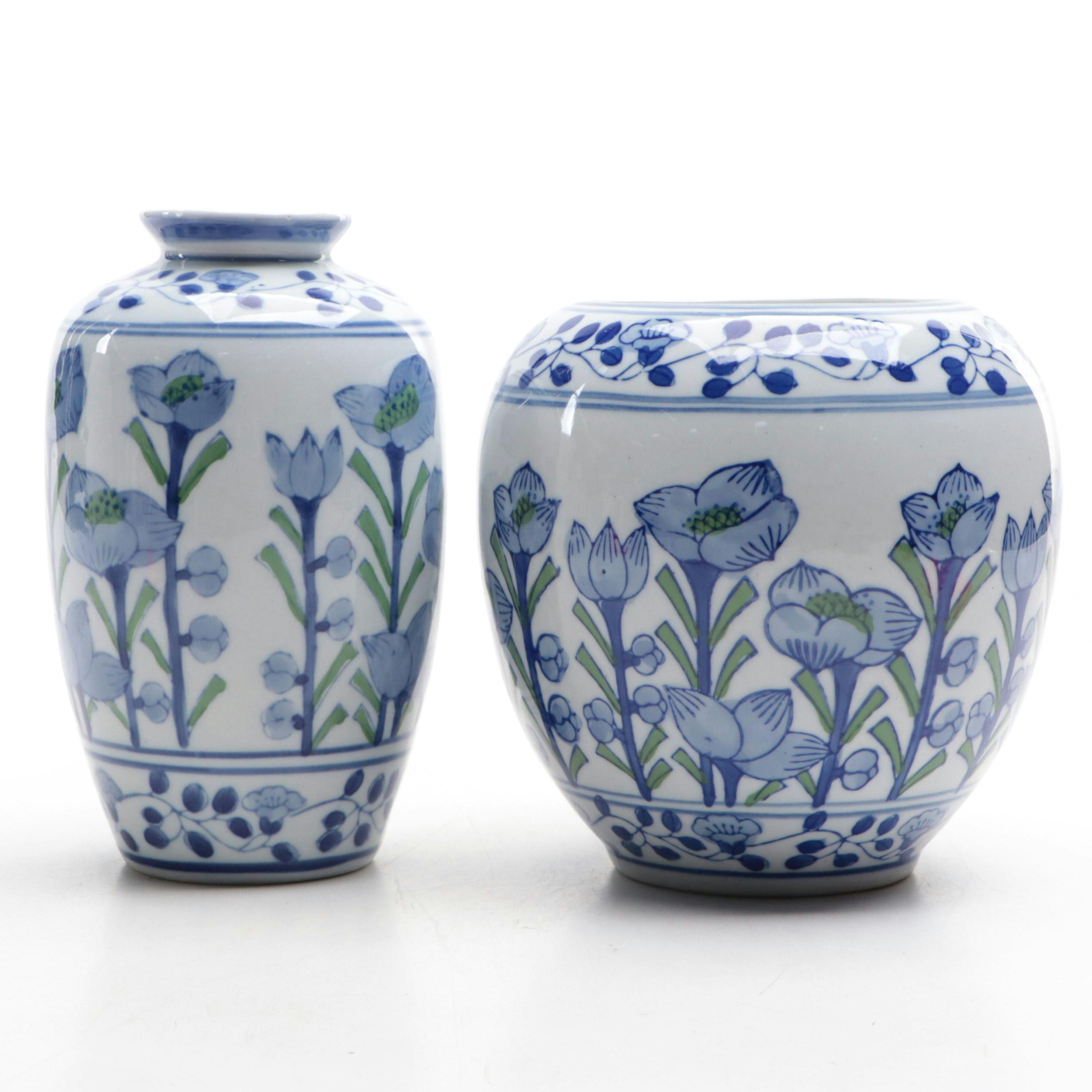 Chinese Blue and Green Floral Porcelain Vases | EBTH