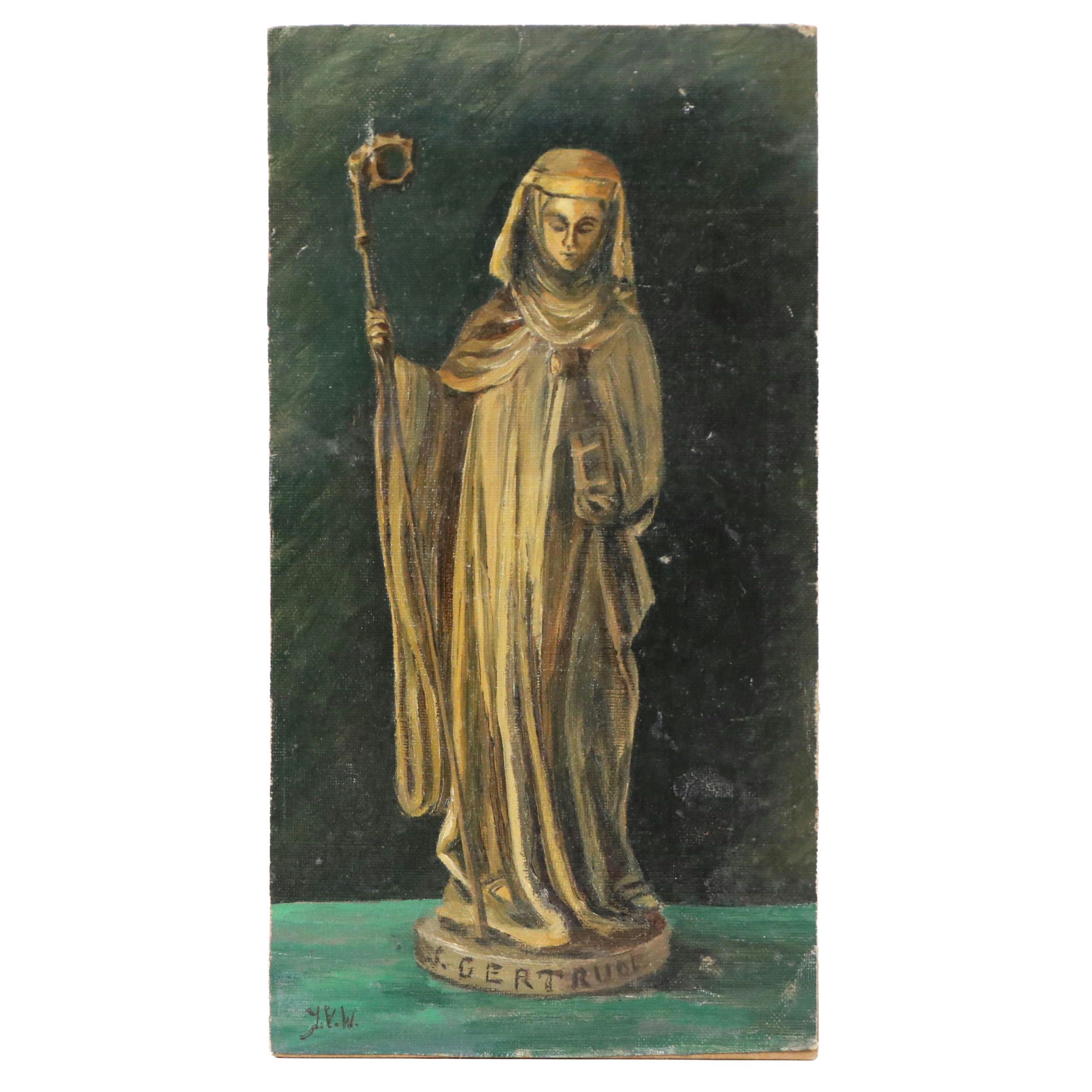 Oil Painting of Gold Statue of St. Gertrude, Mid-20th Century | EBTH