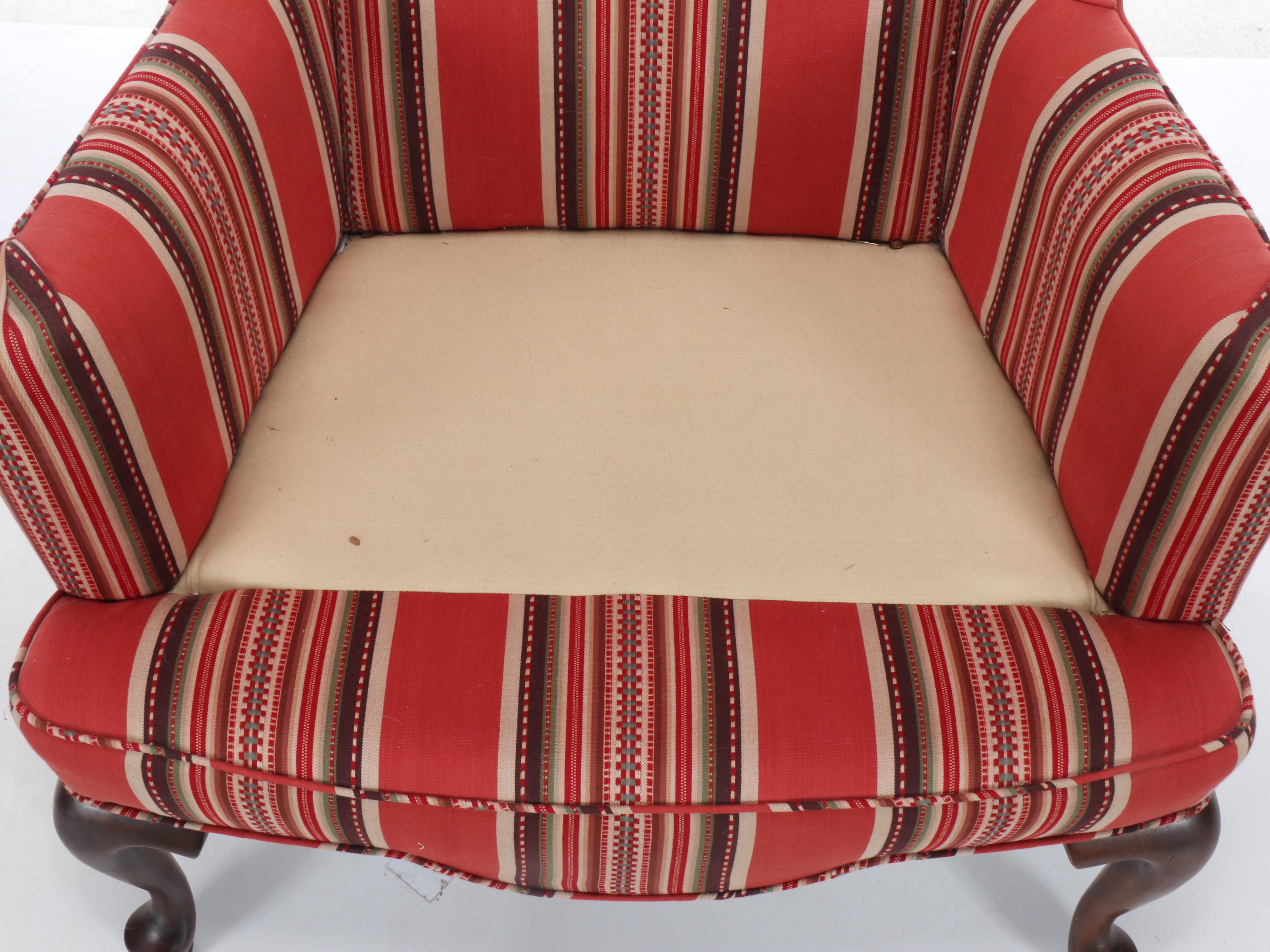 Queen Anne Style Striped Upholstered Wingback Chair | EBTH