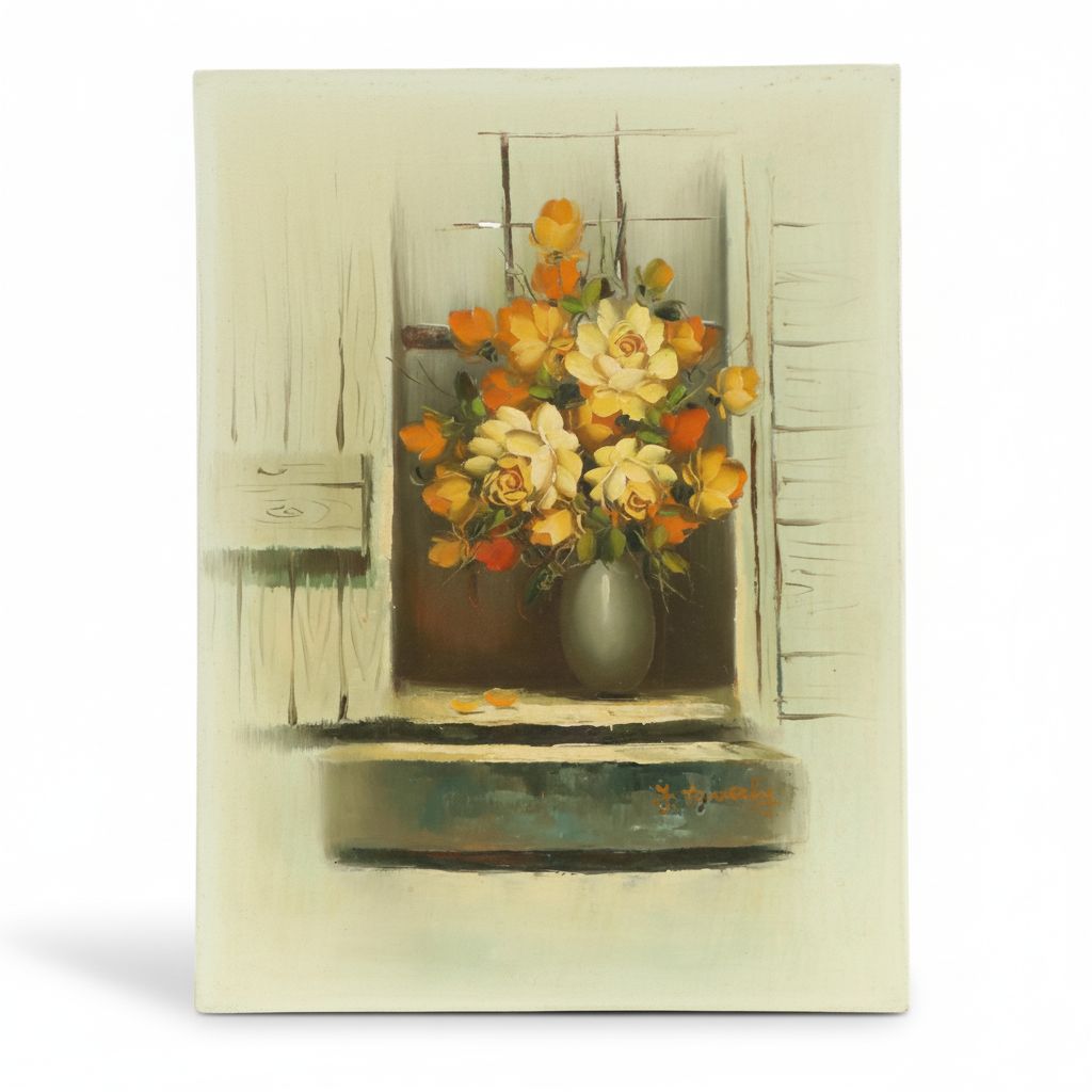 J Breurly Oil Painting of Bouquet in Window, Mid-20th Century | EBTH
