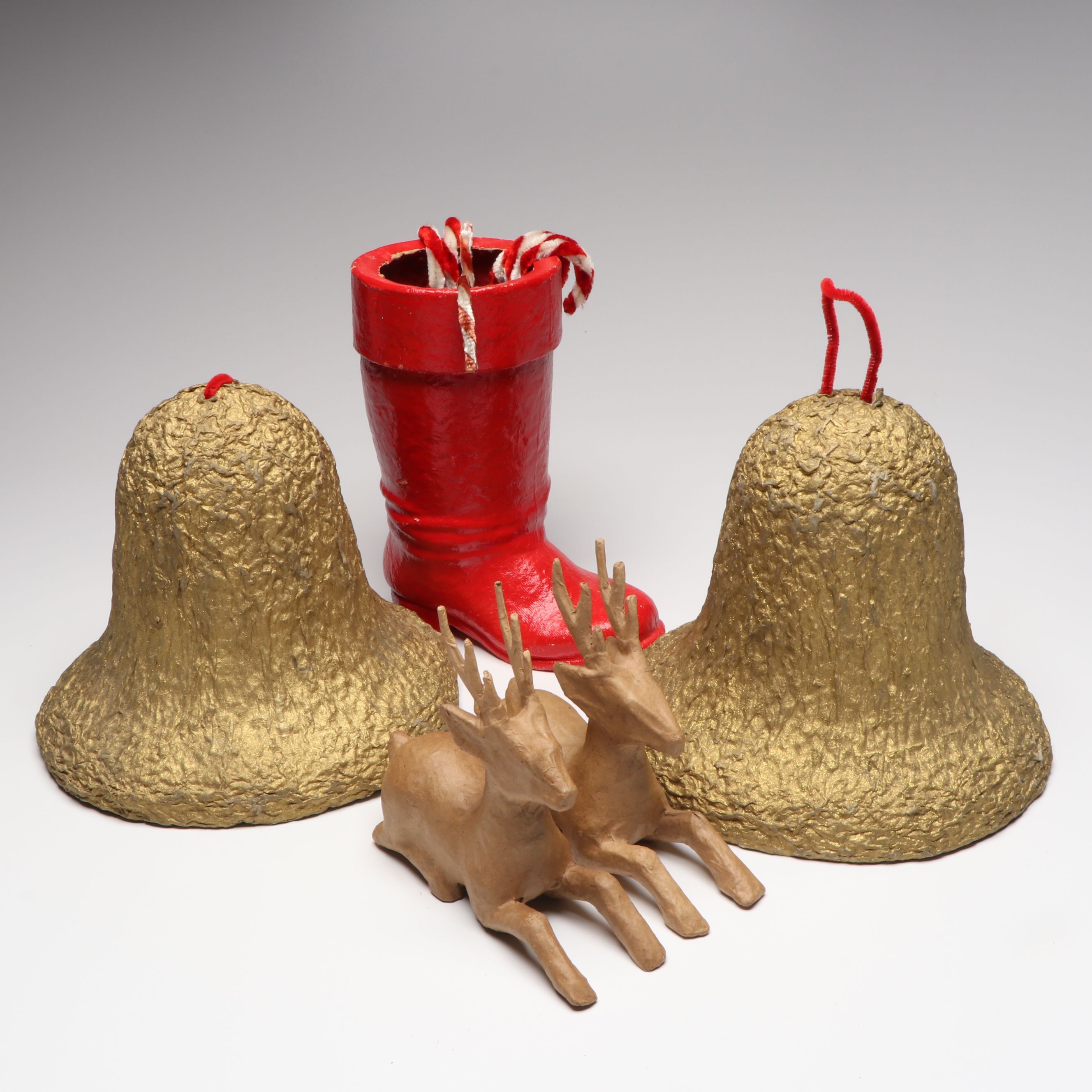 Papier-Mâché Santa Boot with Paper Bells and Reindeer | EBTH