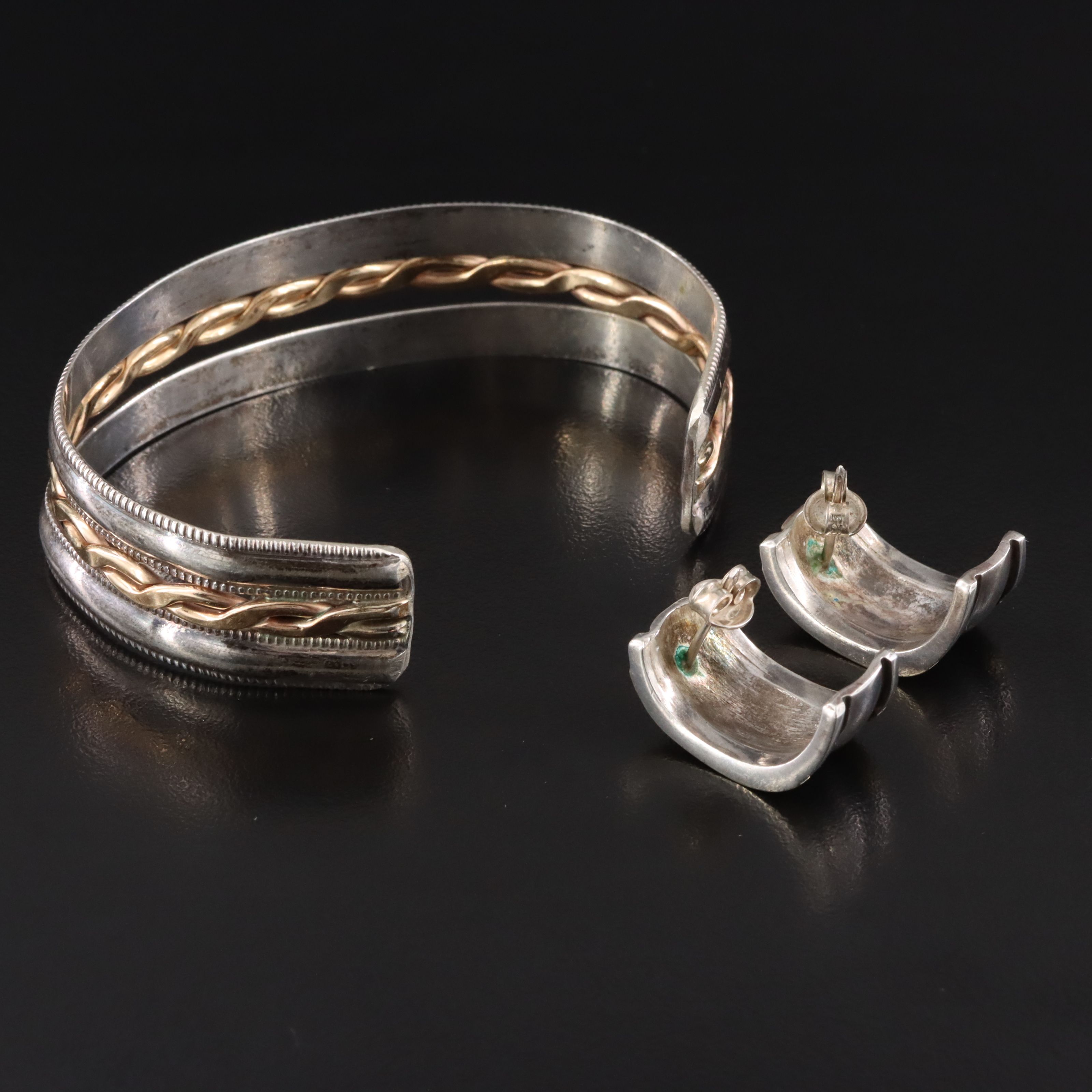Sterling Cuff Bracelet and Earrings with Gold Tone Accents | EBTH