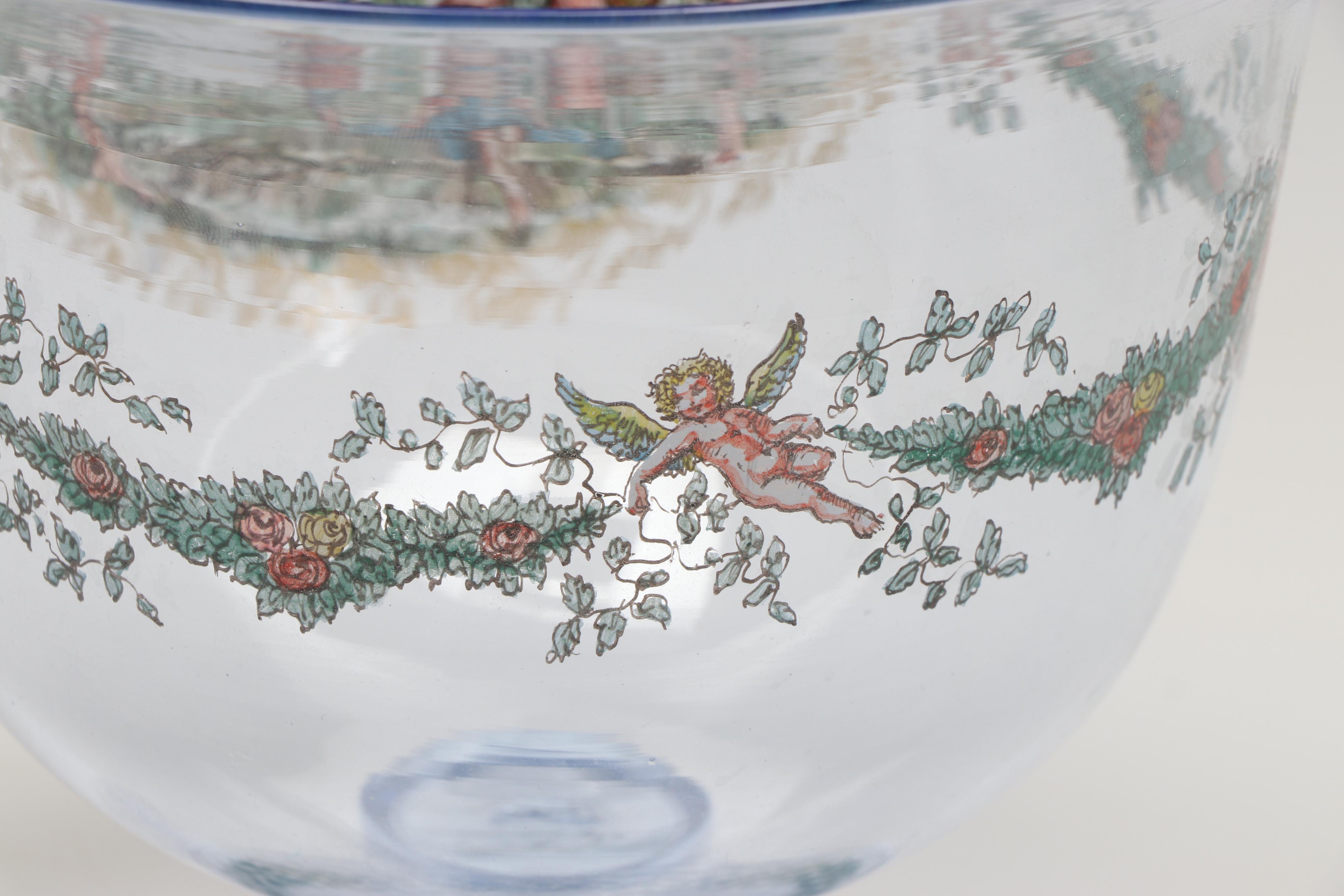 Victorian Genre Scene Hand-Painted Glass Dessert Bowl, Vintage | EBTH