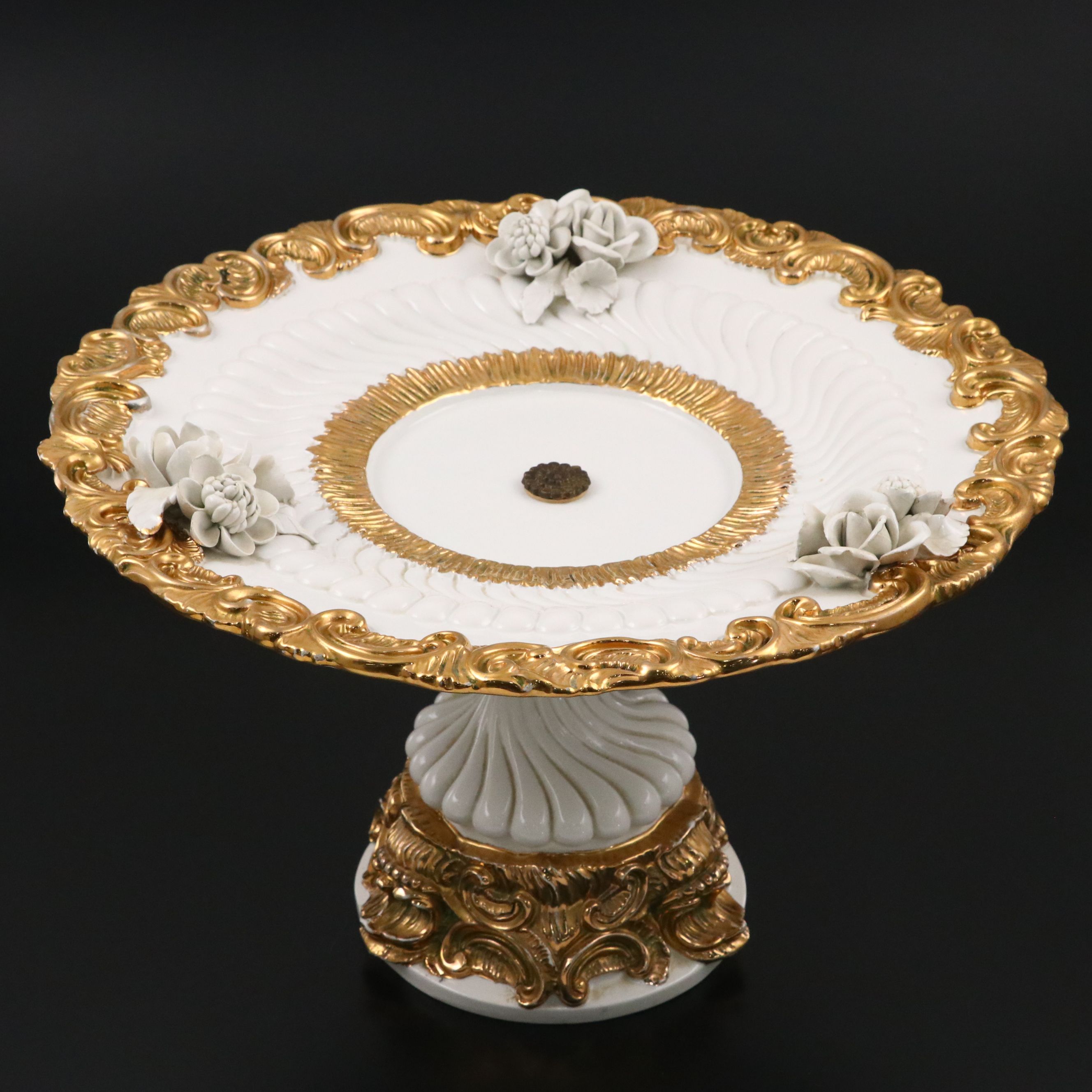 Rococo Style Italian Ceramic Tazza with Molded Gilt Accents and Applied ...