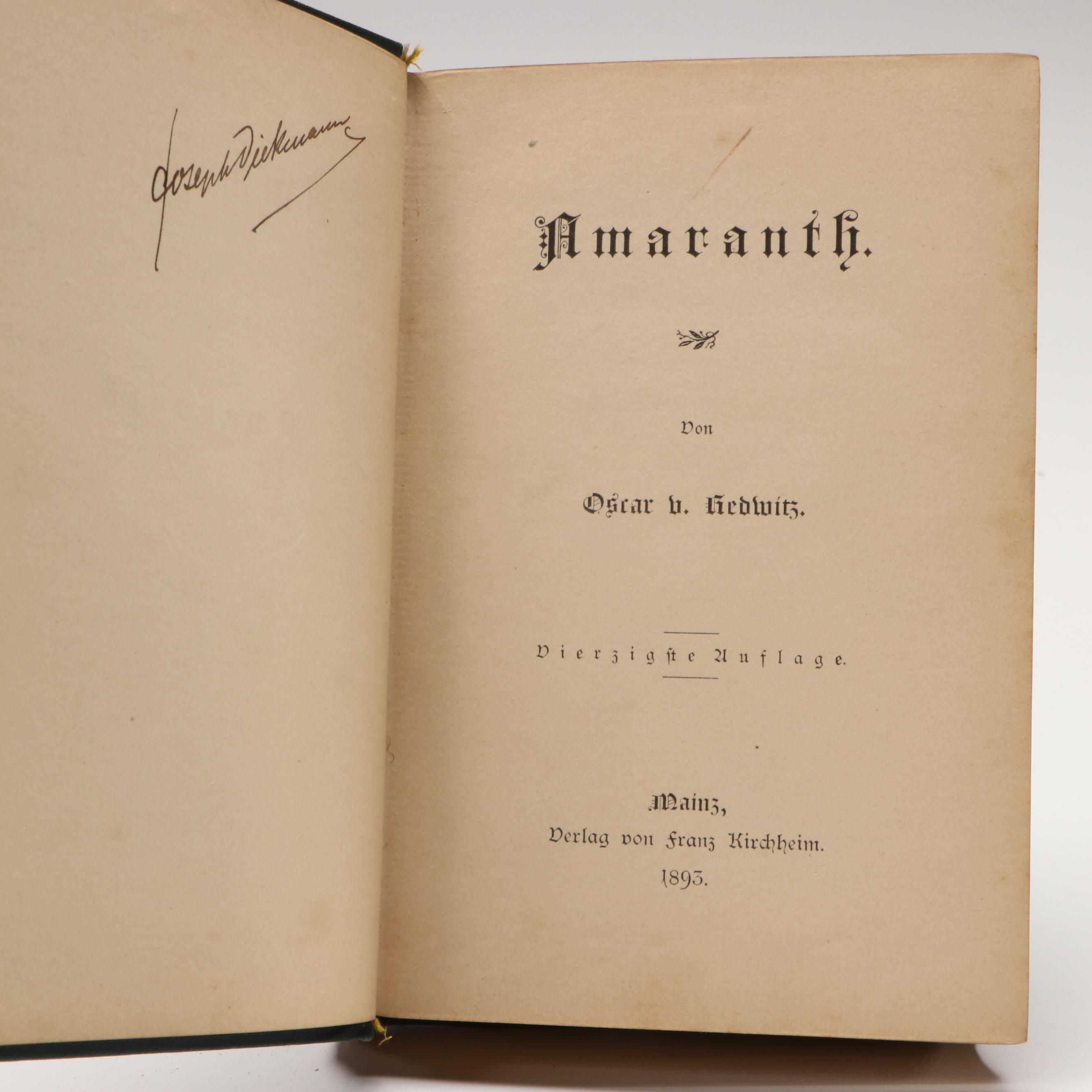 "Amaranth" by Oscar von Redwitz and Other German Books, Late 19th/Early ...