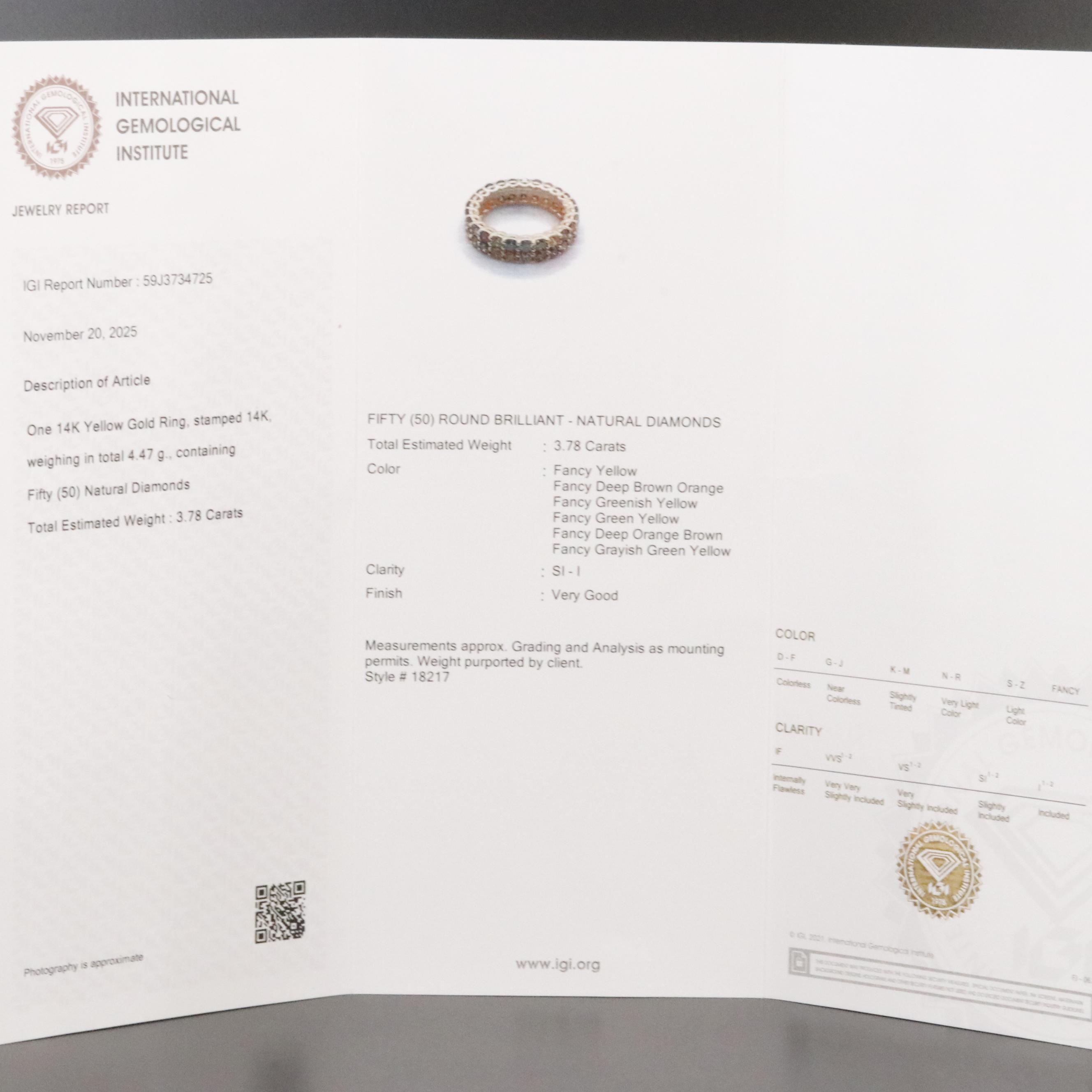 14K 3.78 CTW Fancy Color Diamond Eternity Ring with IGI Jewelry Report ...