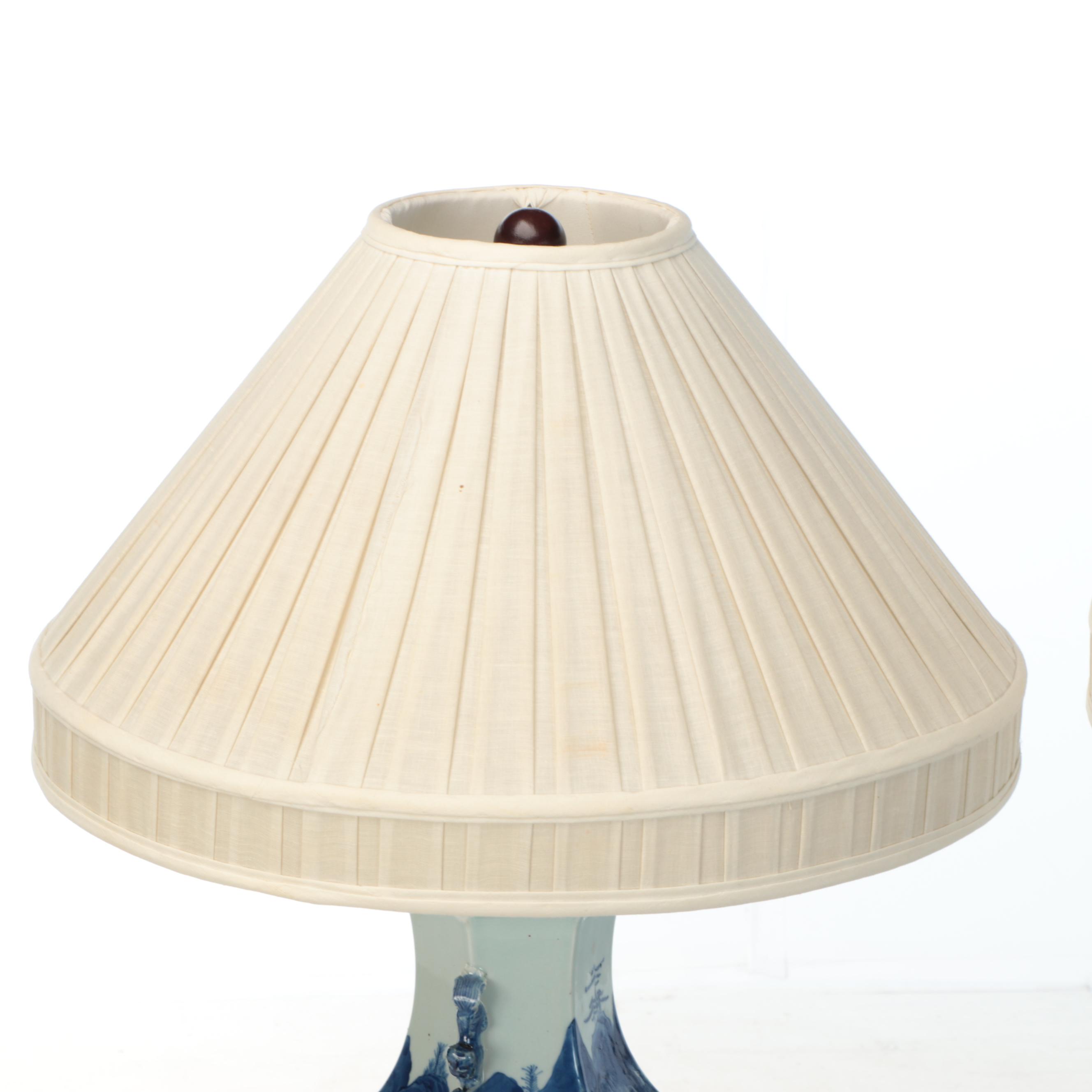 Chinese Porcelain Blue and White Scene Hu Vase Table Lamps & Pleated ...