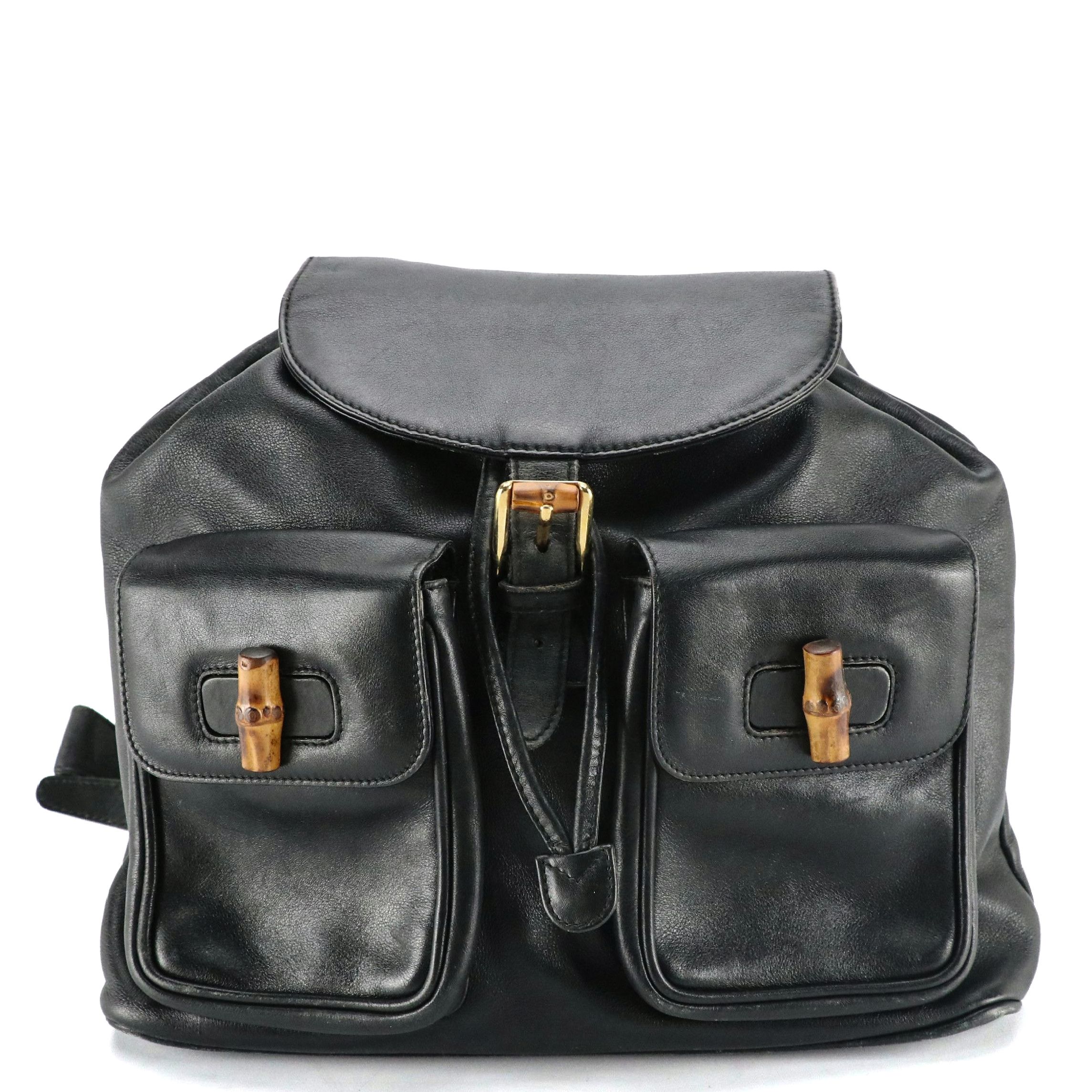Gucci Bamboo Handle Double Pocket Backpack in Black Leather | EBTH