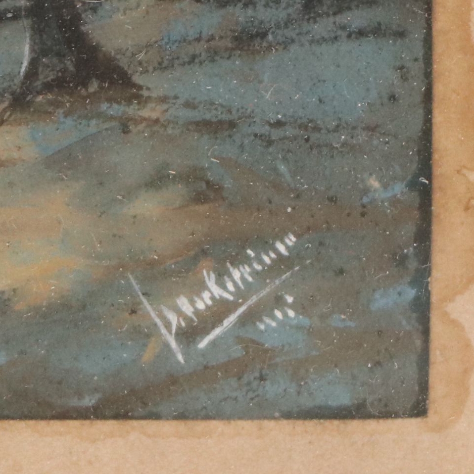 Nocturnal Landscape Watercolor Painting of Fisherman on Boat, Early ...