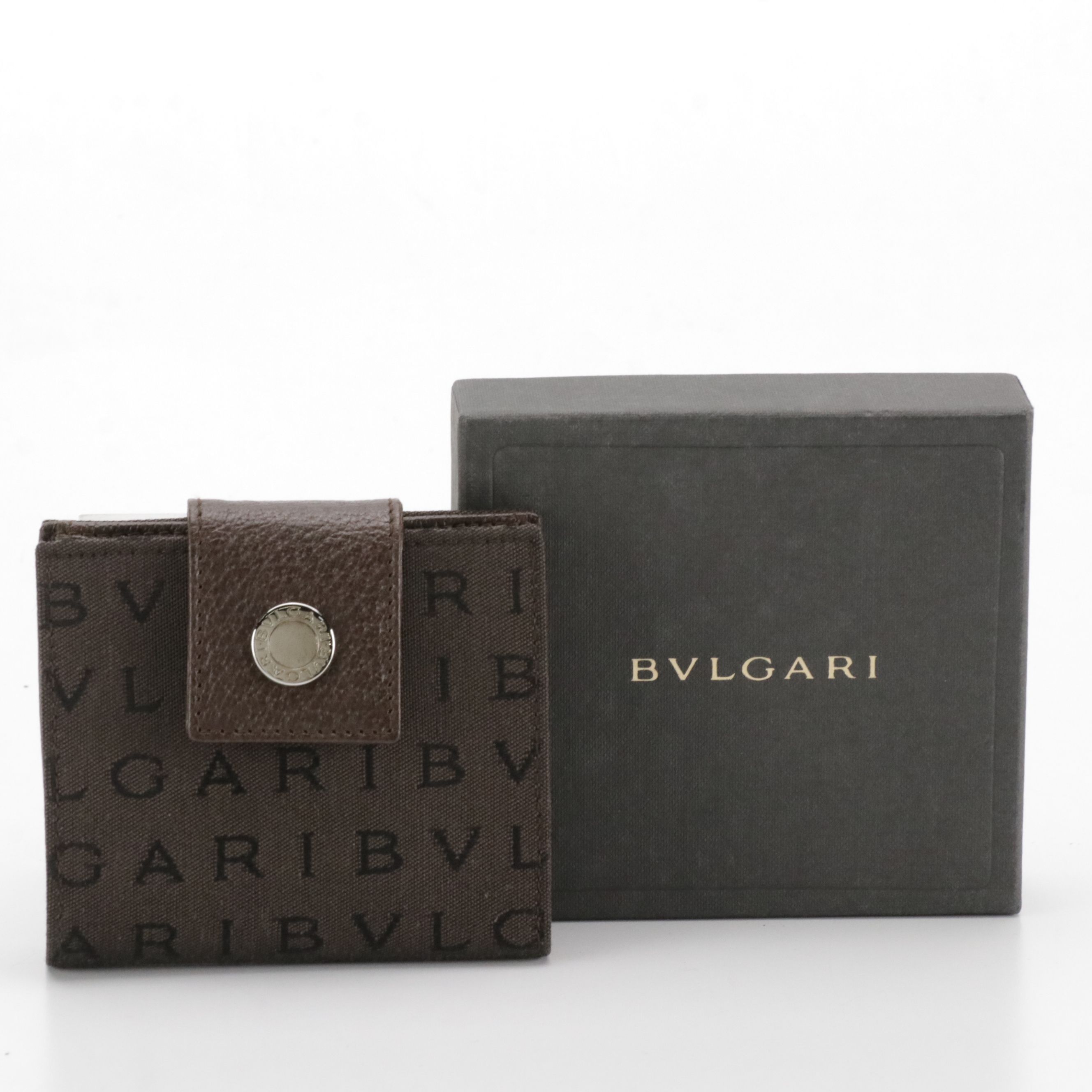 BVLGARI Compact Wallet in Brown Logo Jacquard Canvas and Leather Trim ...