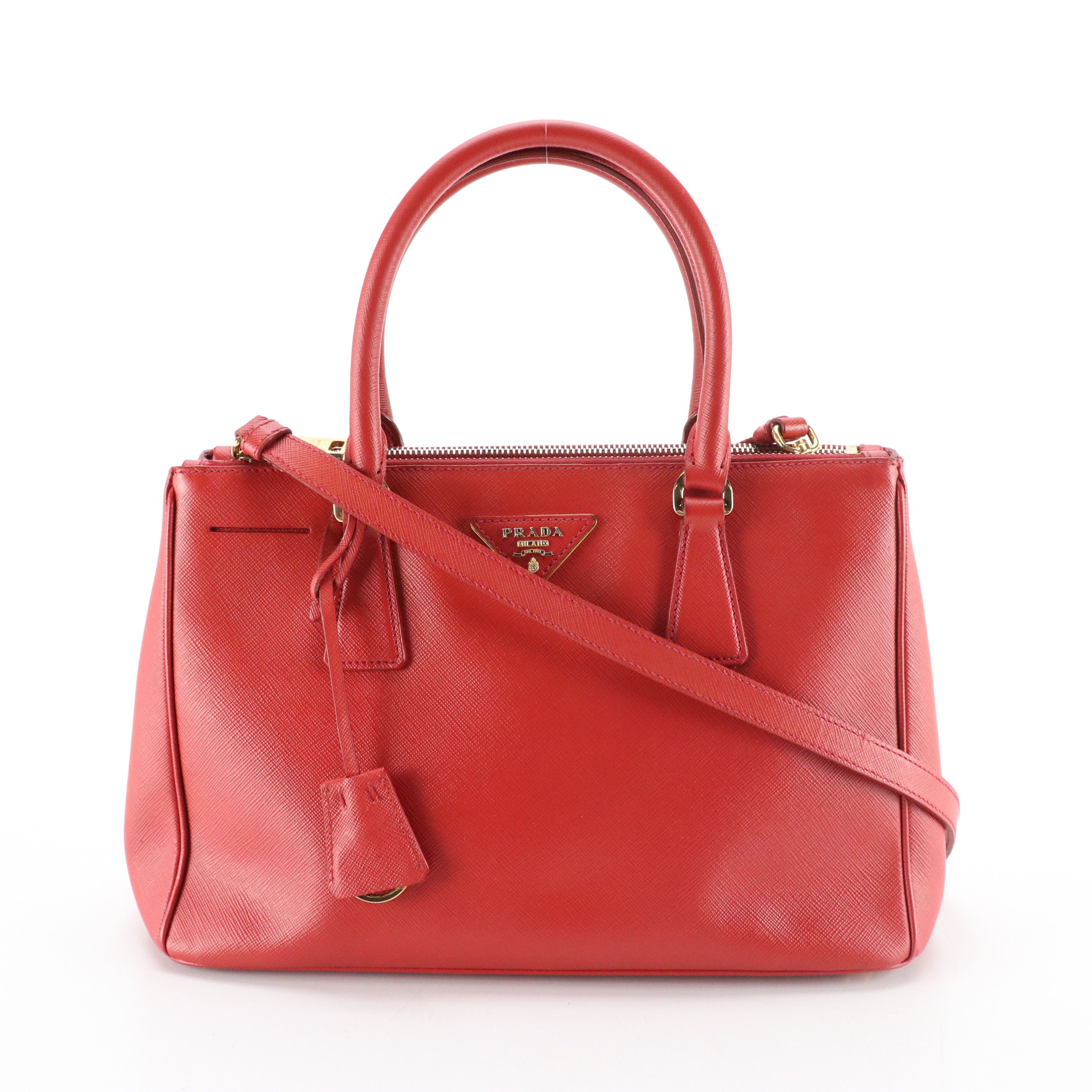 Prada Double Zip Galleria Two-Way Tote Bag in Red Saffiano Lux Leather ...
