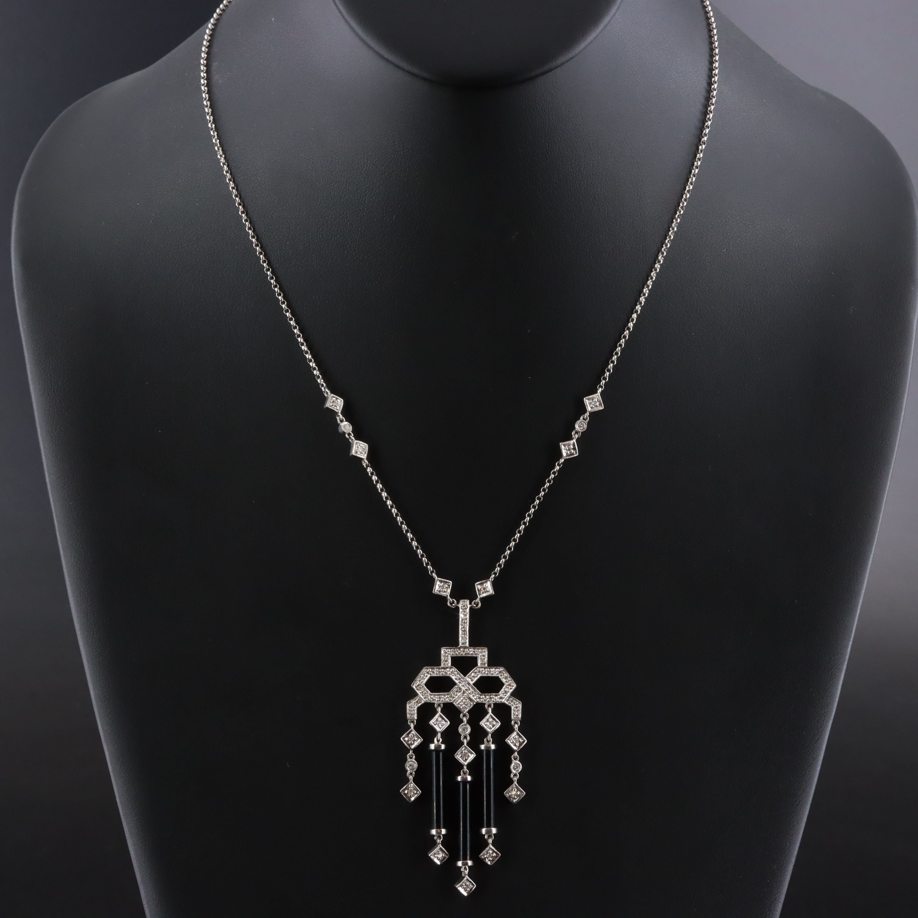 14K Diamond and Black Onyx Art Deco Style Necklace | EBTH