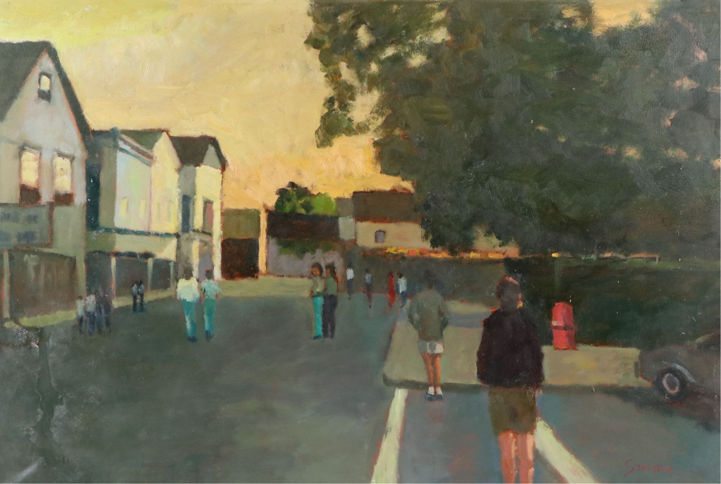 Richard Stalter Oil Painting of Neighborhood Street Scene, Late 20th ...