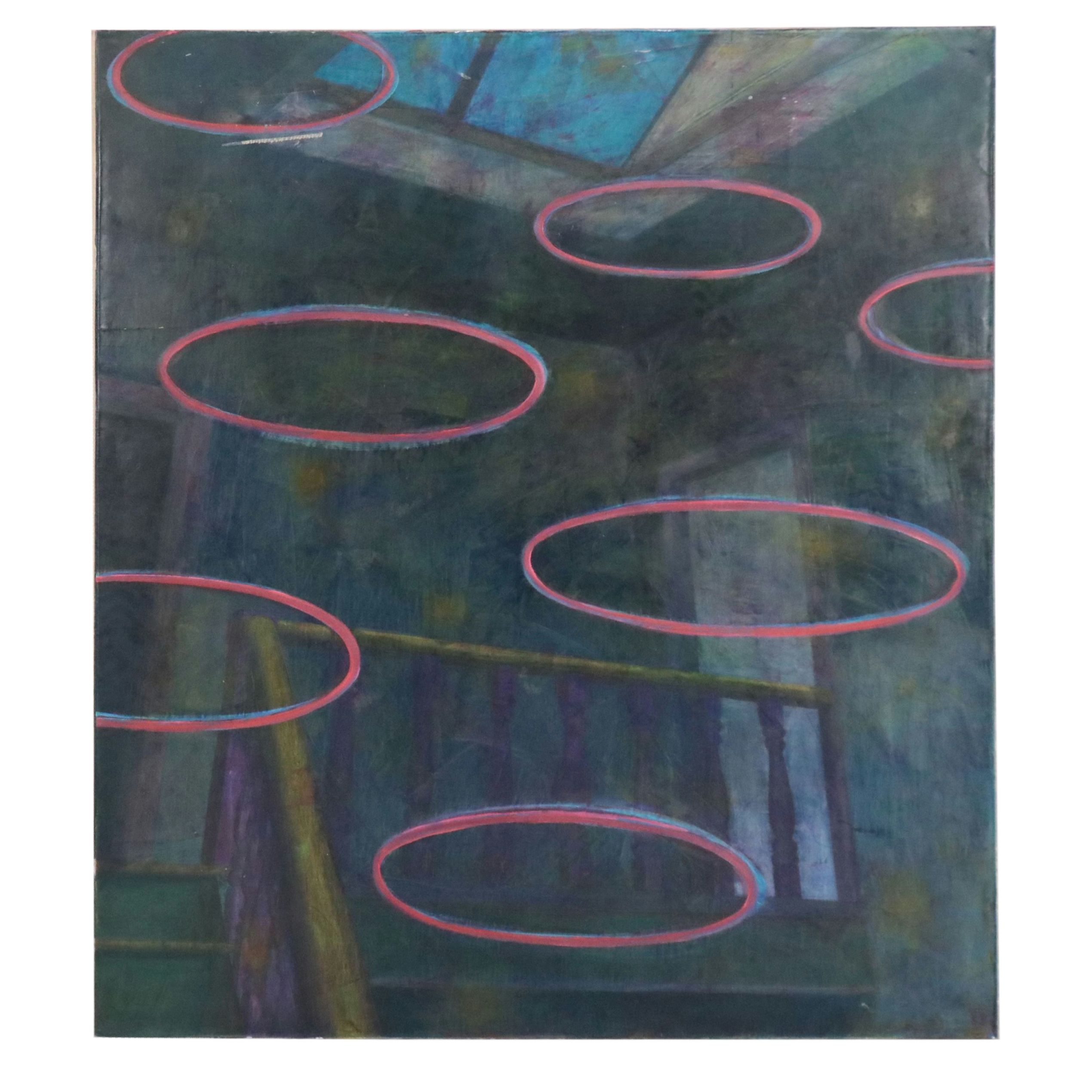 Kim Krause Monumental Oil Painting with Pink Ovals Over Interior Scene ...