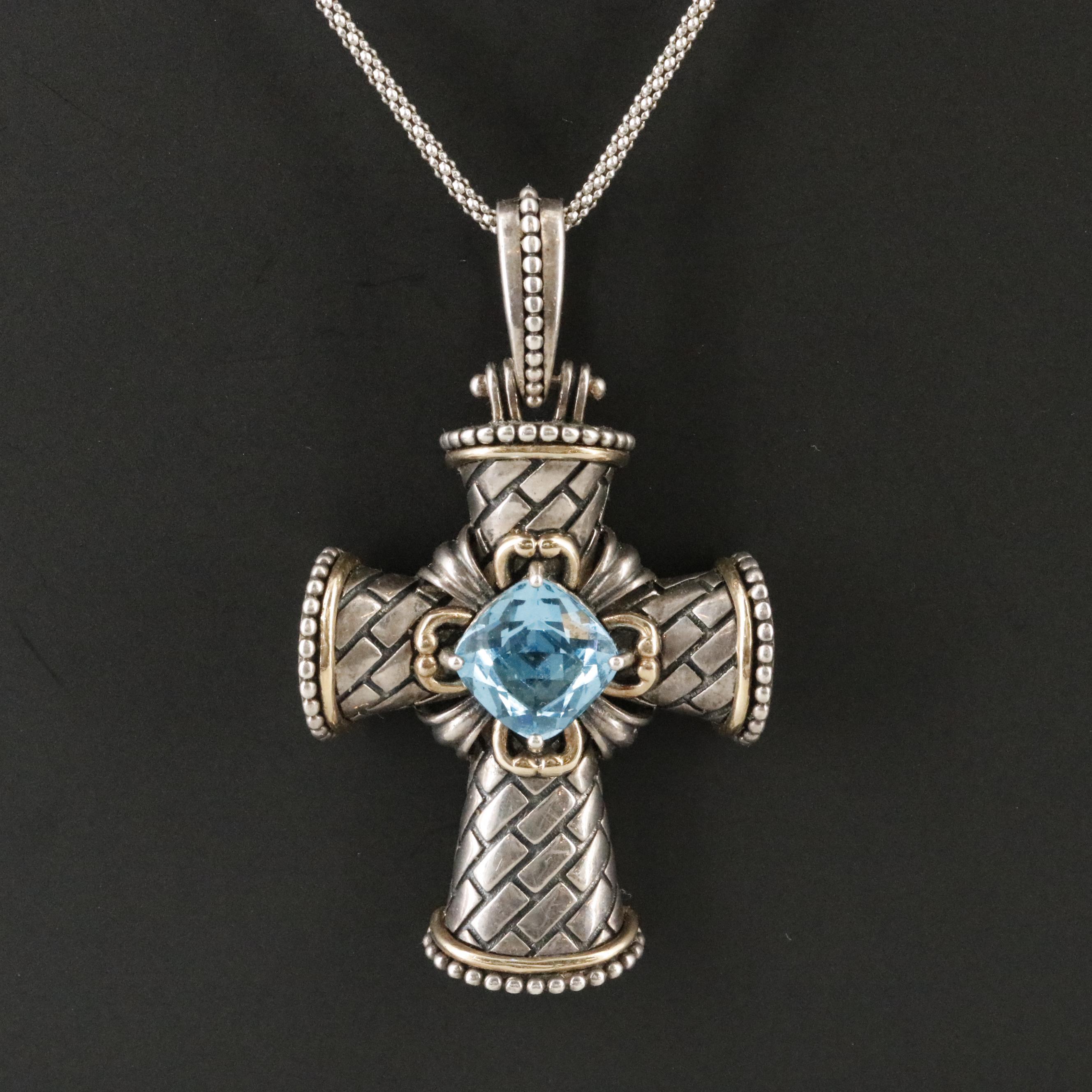 Sterling Swiss Blue Topaz Cross Pendant Necklace with 14K Accents | EBTH