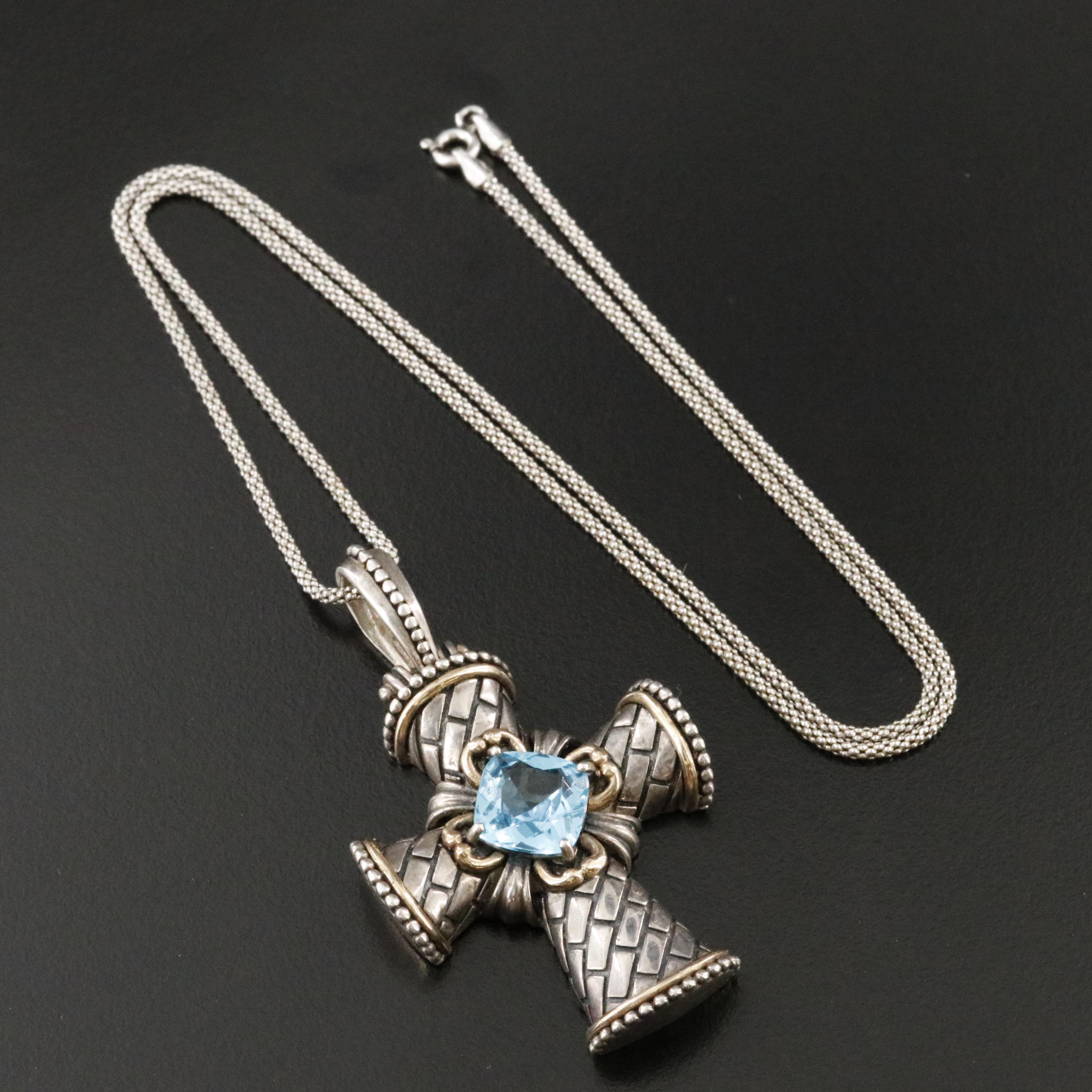 Sterling Swiss Blue Topaz Cross Pendant Necklace with 14K Accents | EBTH