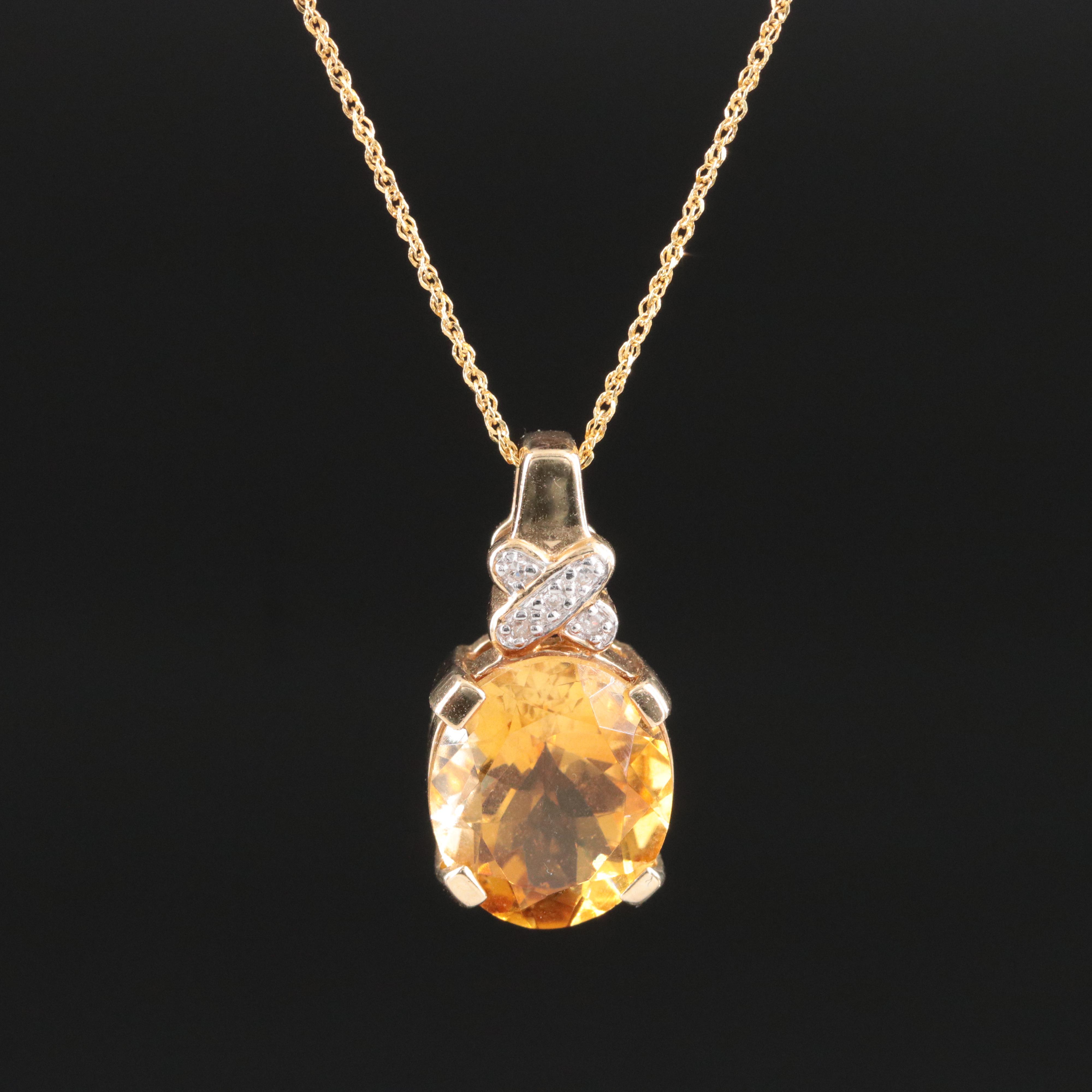 10K Citrine and Diamond Pendant on 14K Chain Necklace | EBTH