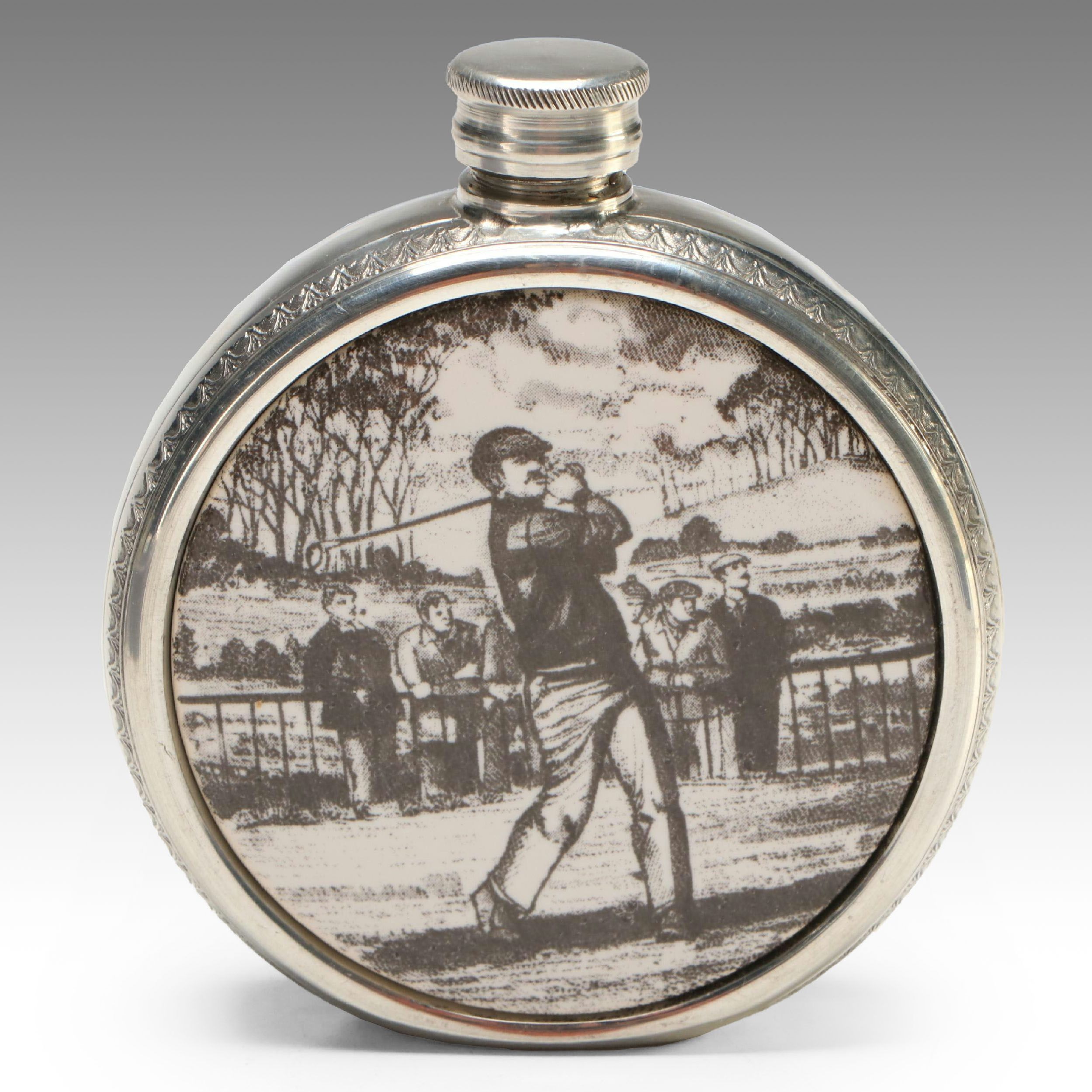 Pinder Brothers Sheffield Pewter Spirit Flask with Golfing Scene | EBTH