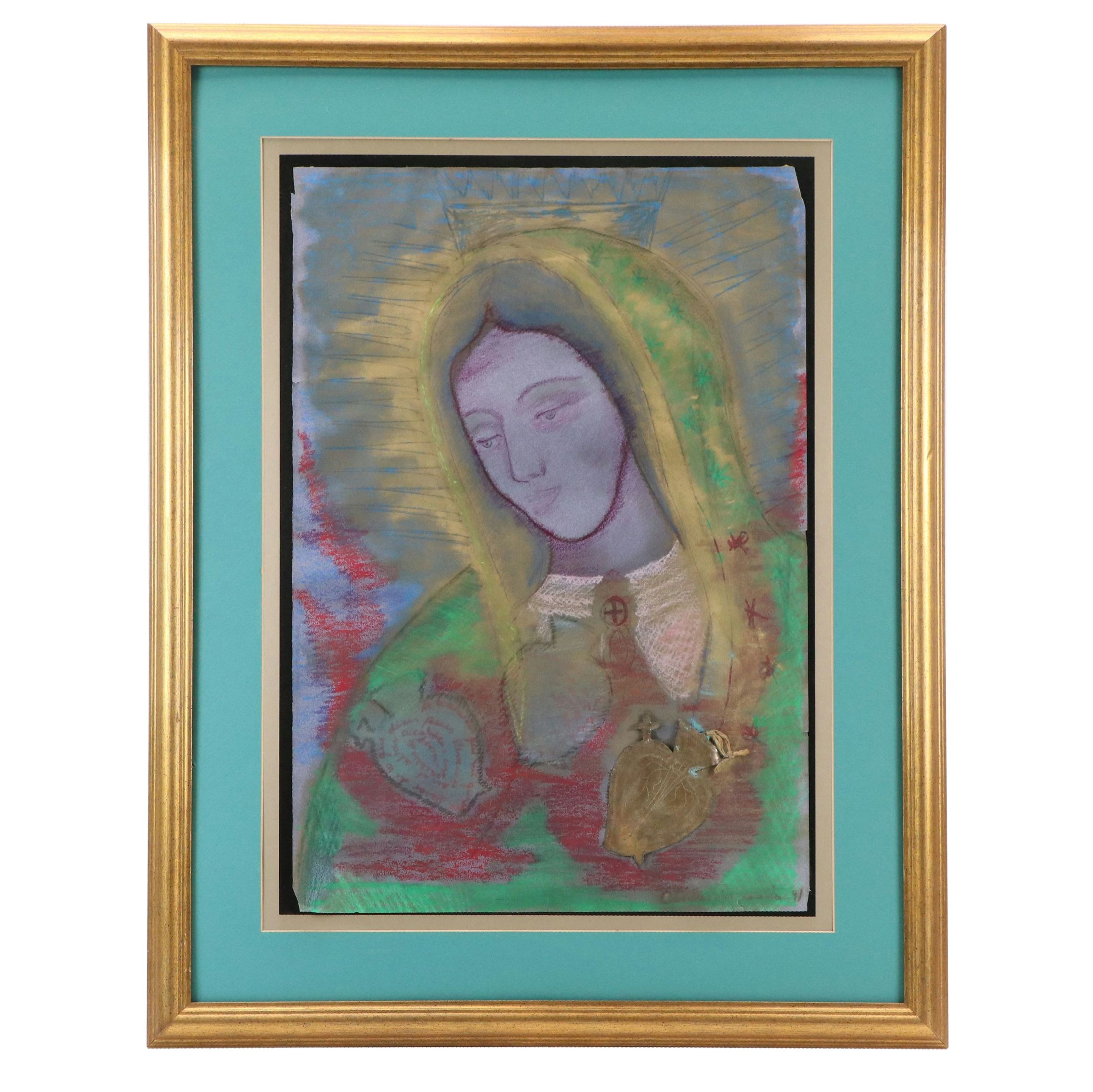 Mixed Media Drawing of Virgin Mary with Metal Milagro Heart, 1991 | EBTH