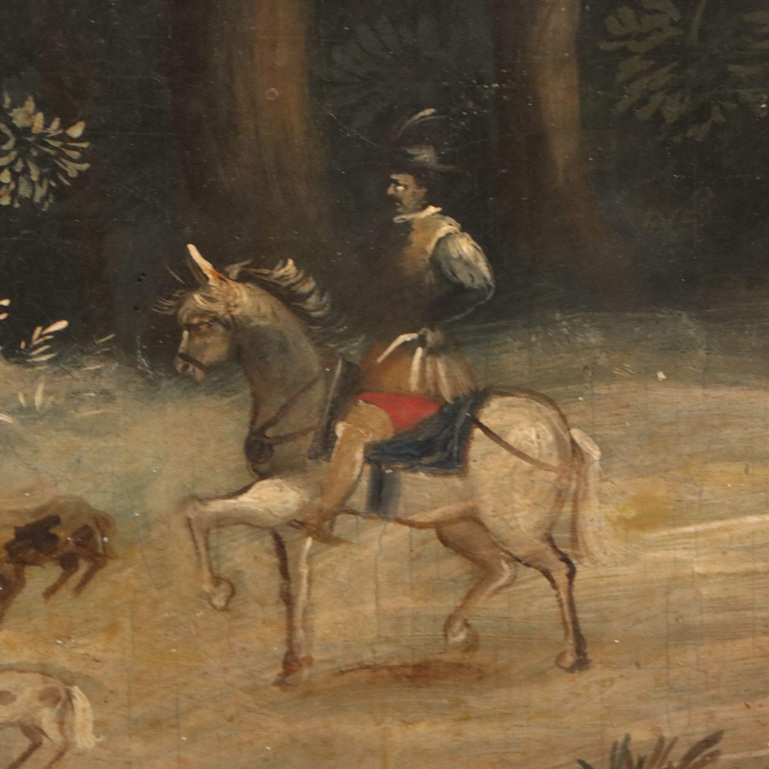 Oil Painting of Hunting Party with Dogs in Wooded Scene | EBTH