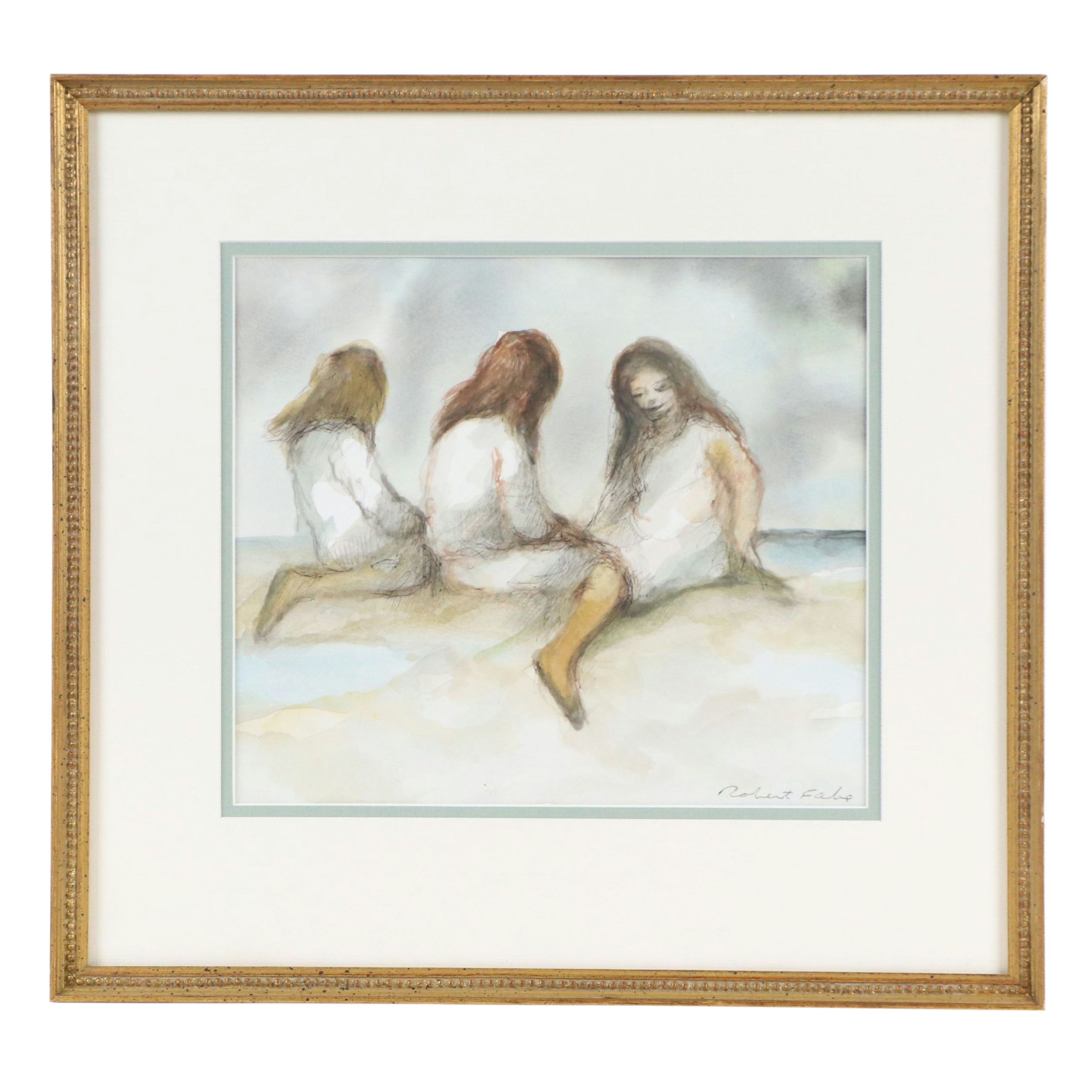 Robert Fabe Watercolor Painting of Three Seated Girls, Mid-Late 20th ...
