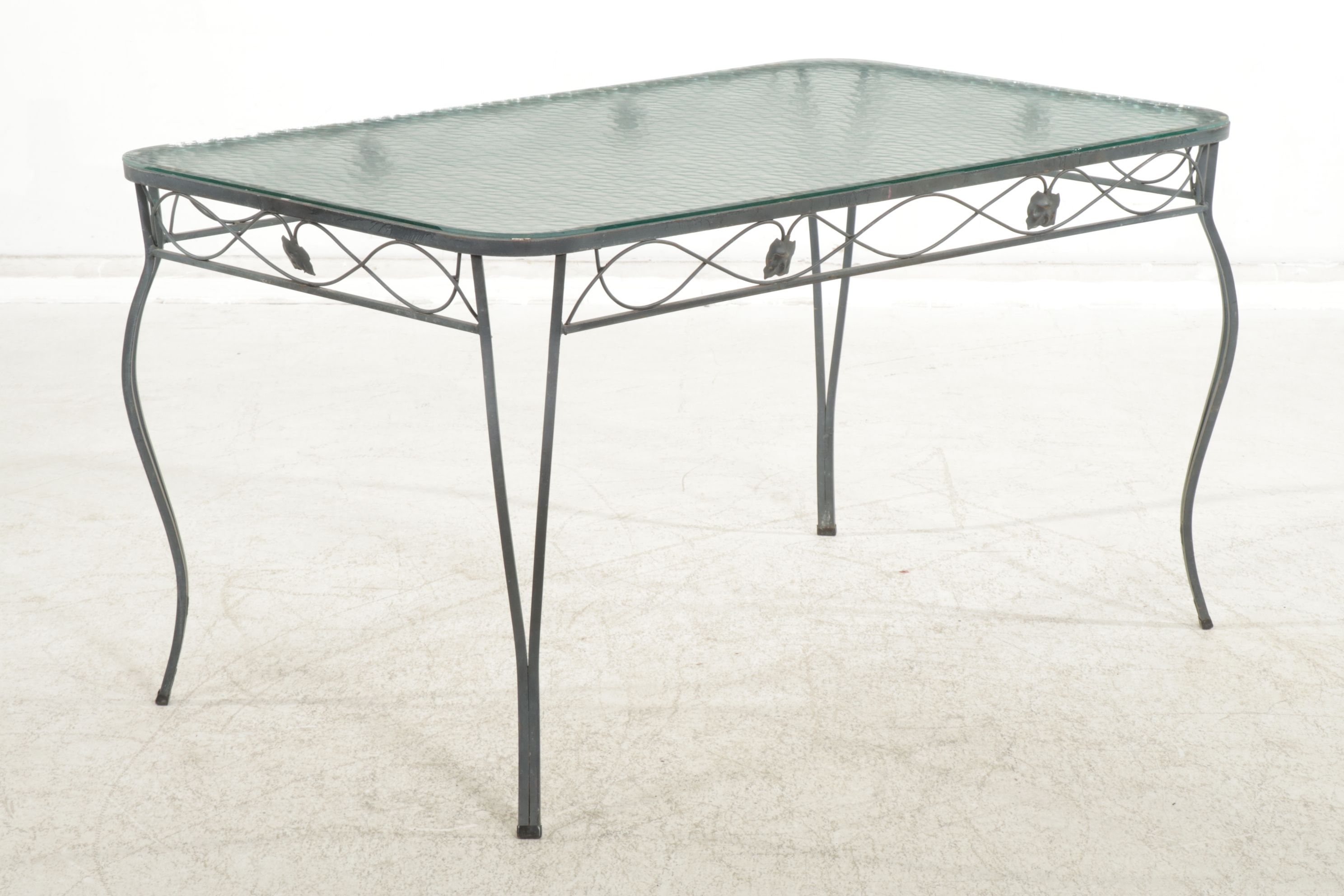 Wrought Metal Patio Glass-Top Dining Table with Four Chairs | EBTH