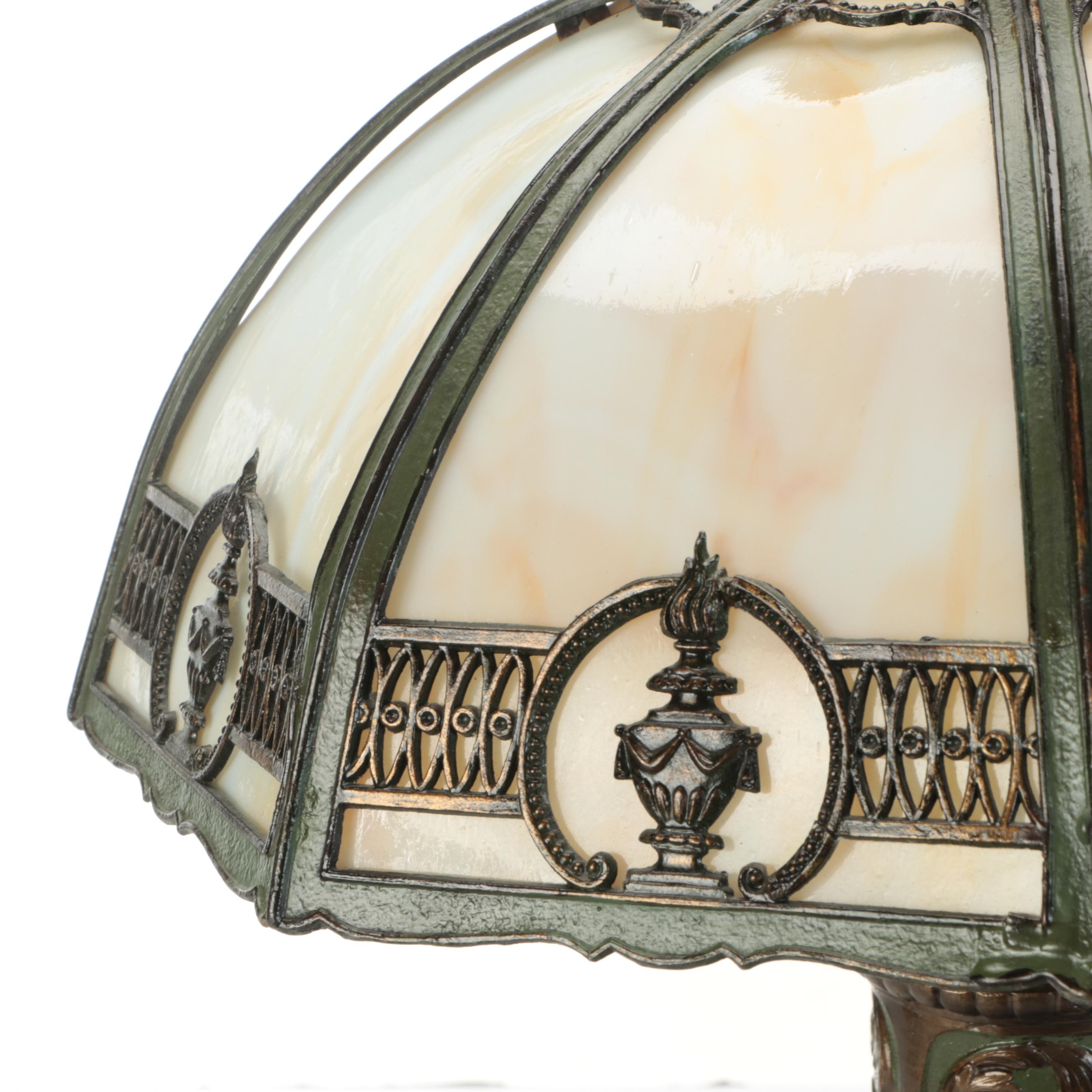 Neoclassical Style Slag Glass Table Lamp with Patinated Torch Base | EBTH