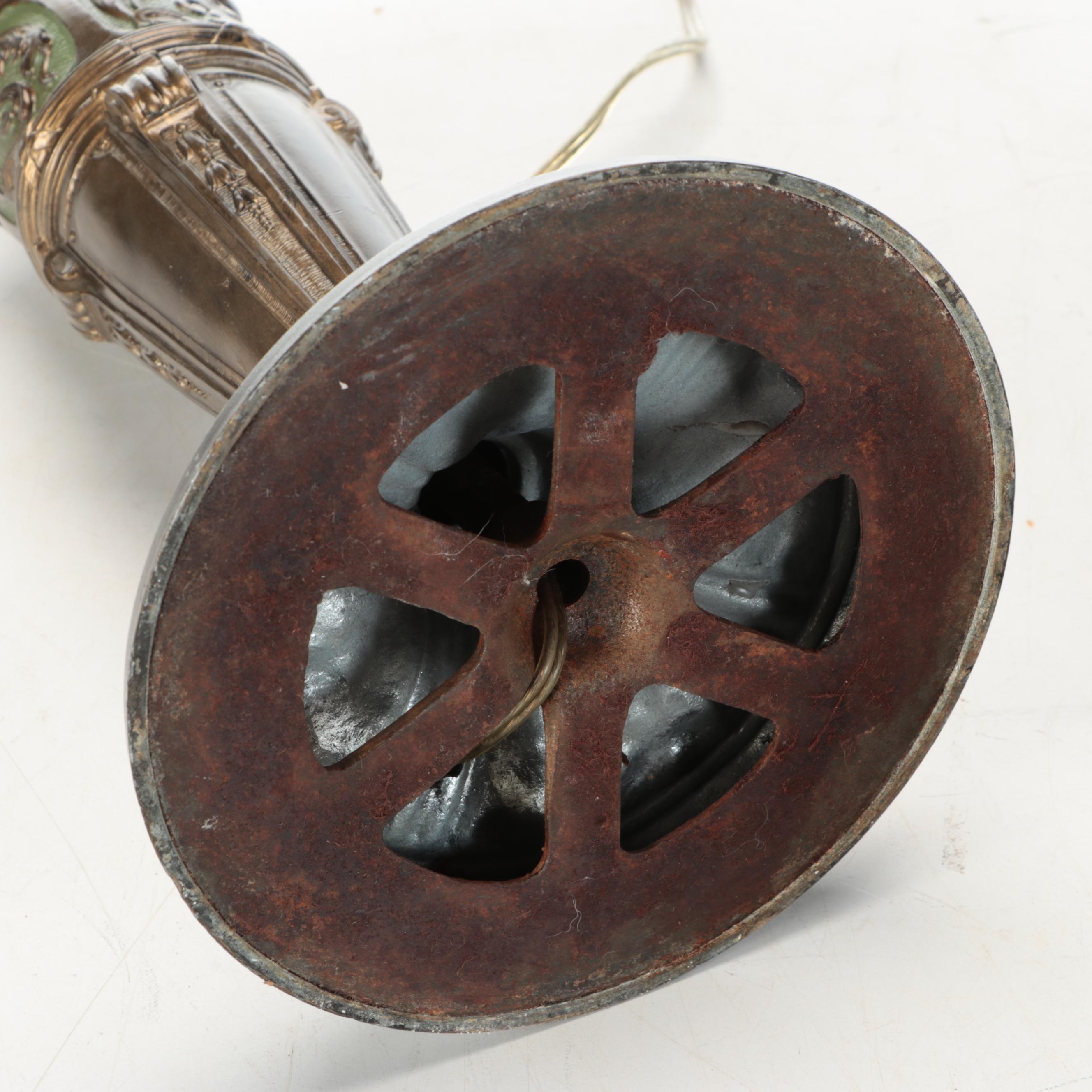 Miller Attr. Patinated Spelter Table Lamp with Bent Panel Slag Glass ...