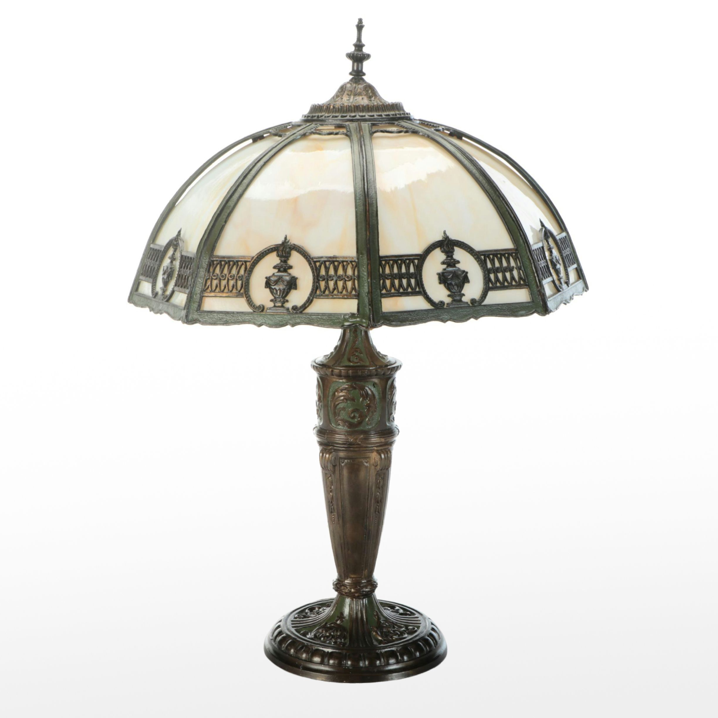 Neoclassical Style Slag Glass Table Lamp with Patinated Torch Base | EBTH