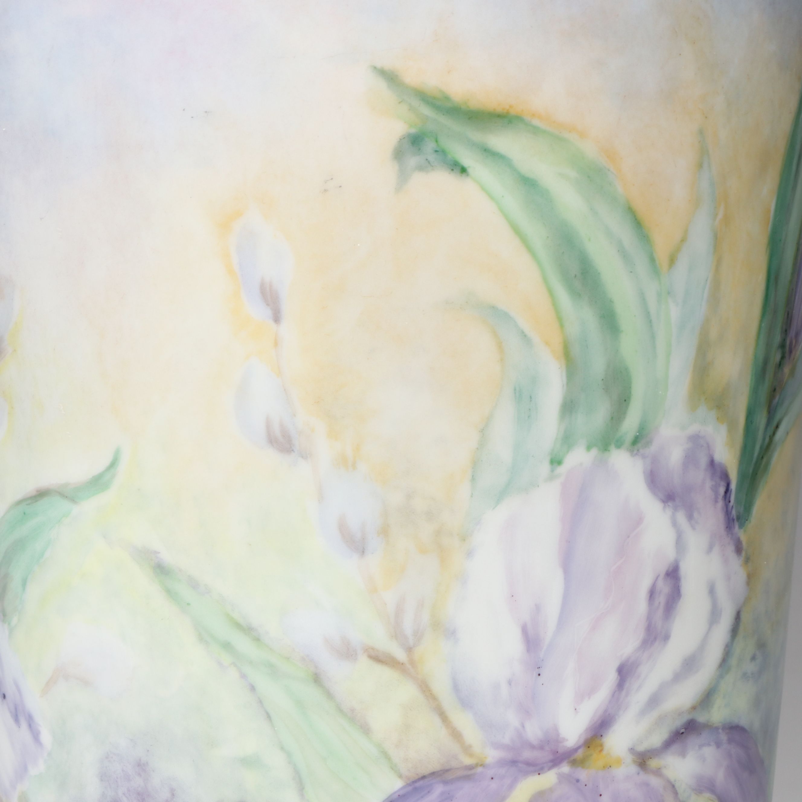 Ceramic Hand-Painted Pastel Irises on Vase Table Lamp and Silk Shade | EBTH