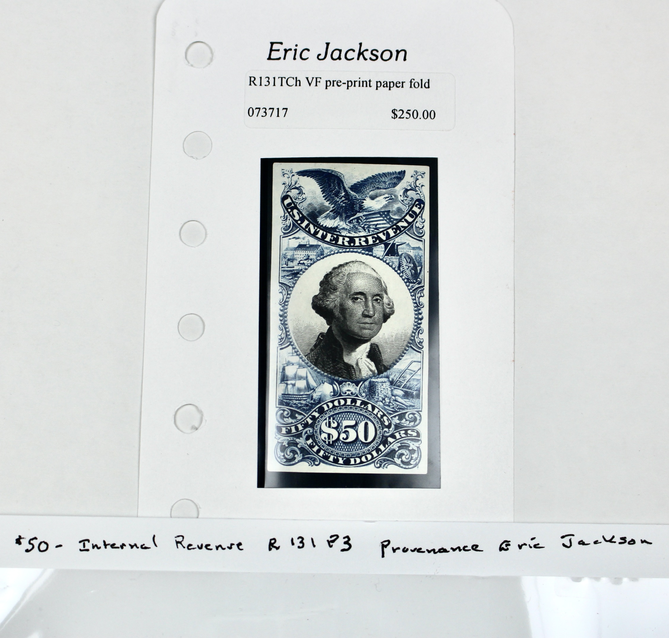 $50 U.S. Internal Revenue Stamp, Scott R131, P3, Eric Jackson ...