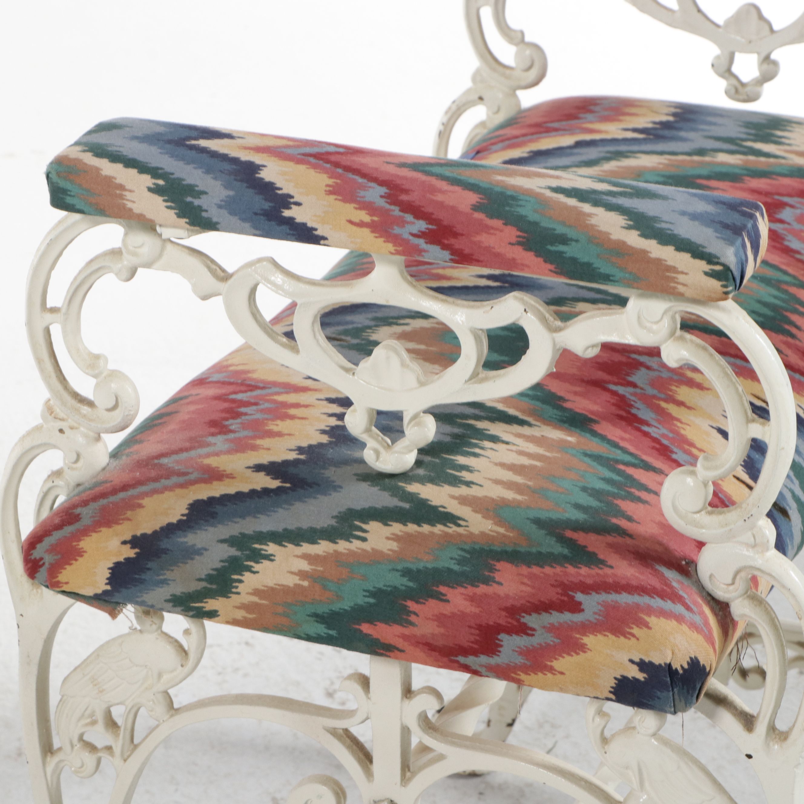 Victorian White-Painted Wrought Iron Bench with Flame Stitch Pattern ...