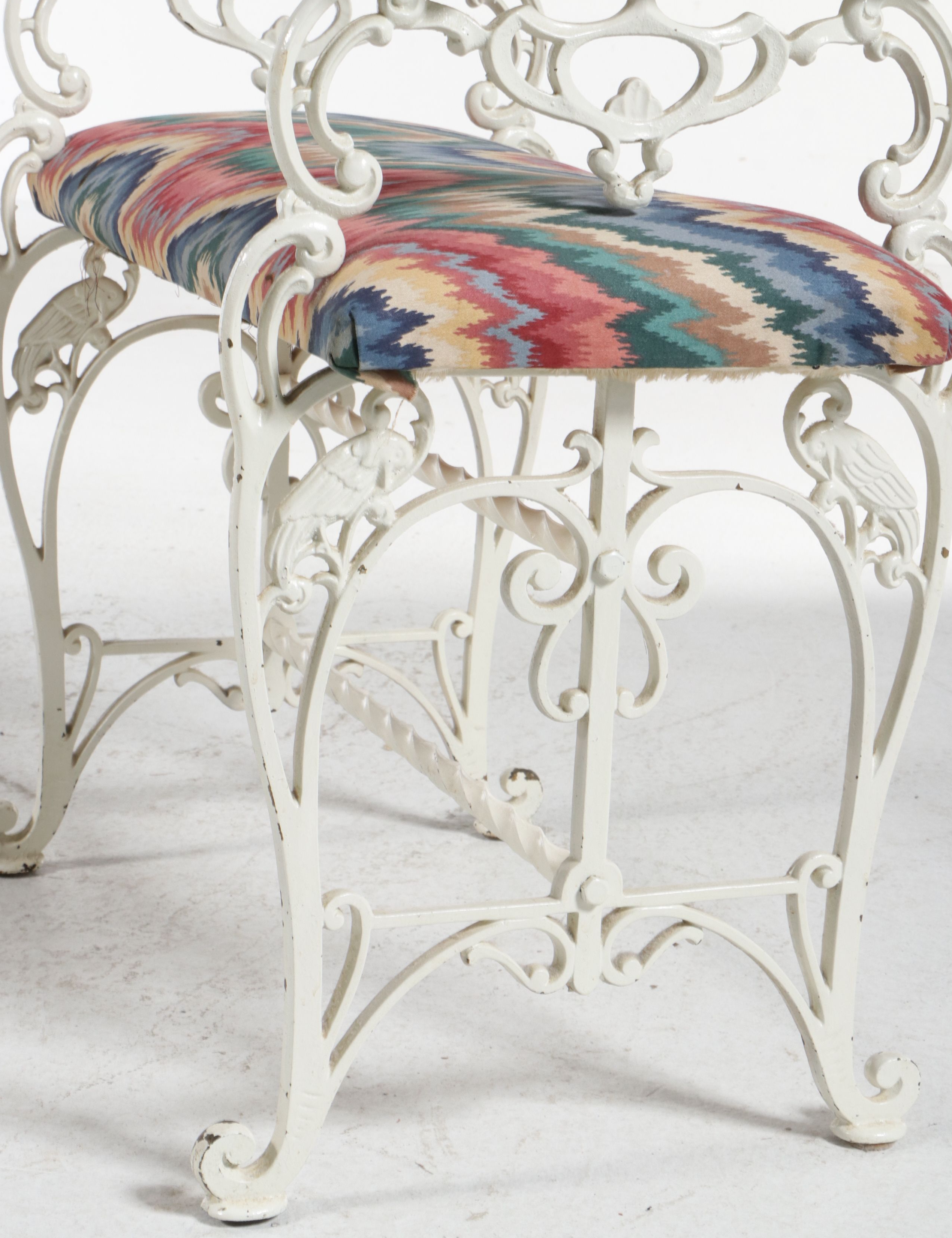 Victorian White-Painted Wrought Iron Bench with Flame Stitch Pattern ...