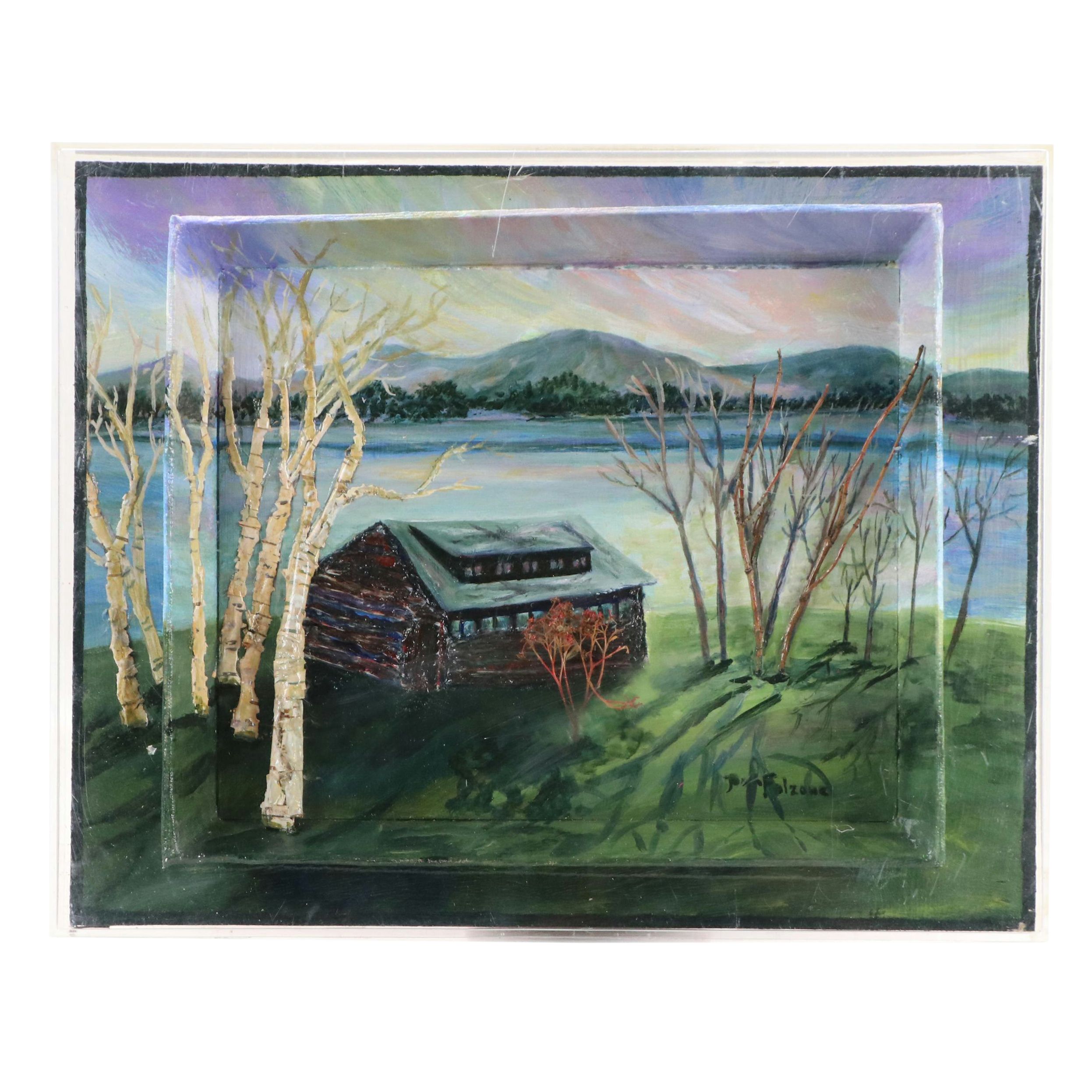 Pat Falzone Mixed Media Bas-Relief Painting of Tranquil Log Cabin | EBTH