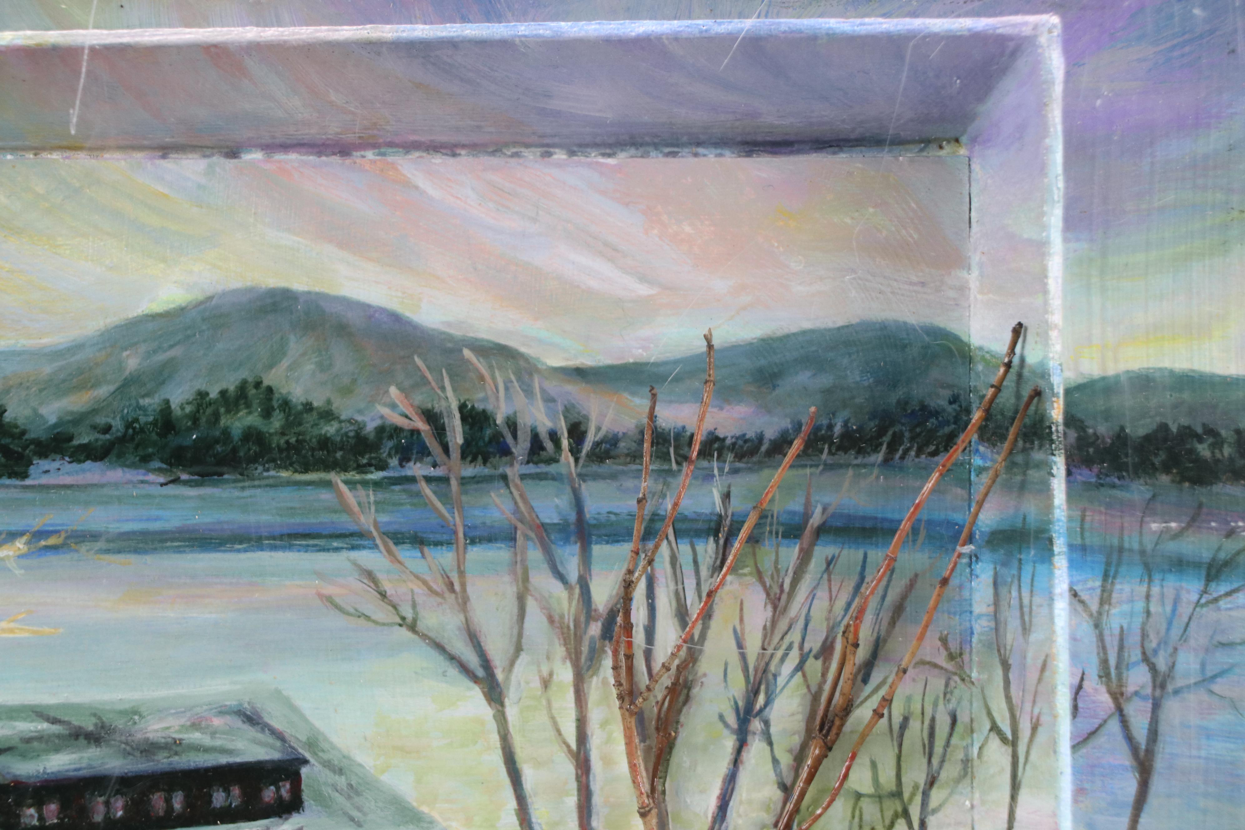 Pat Falzone Mixed Media Bas-Relief Painting of Tranquil Log Cabin | EBTH