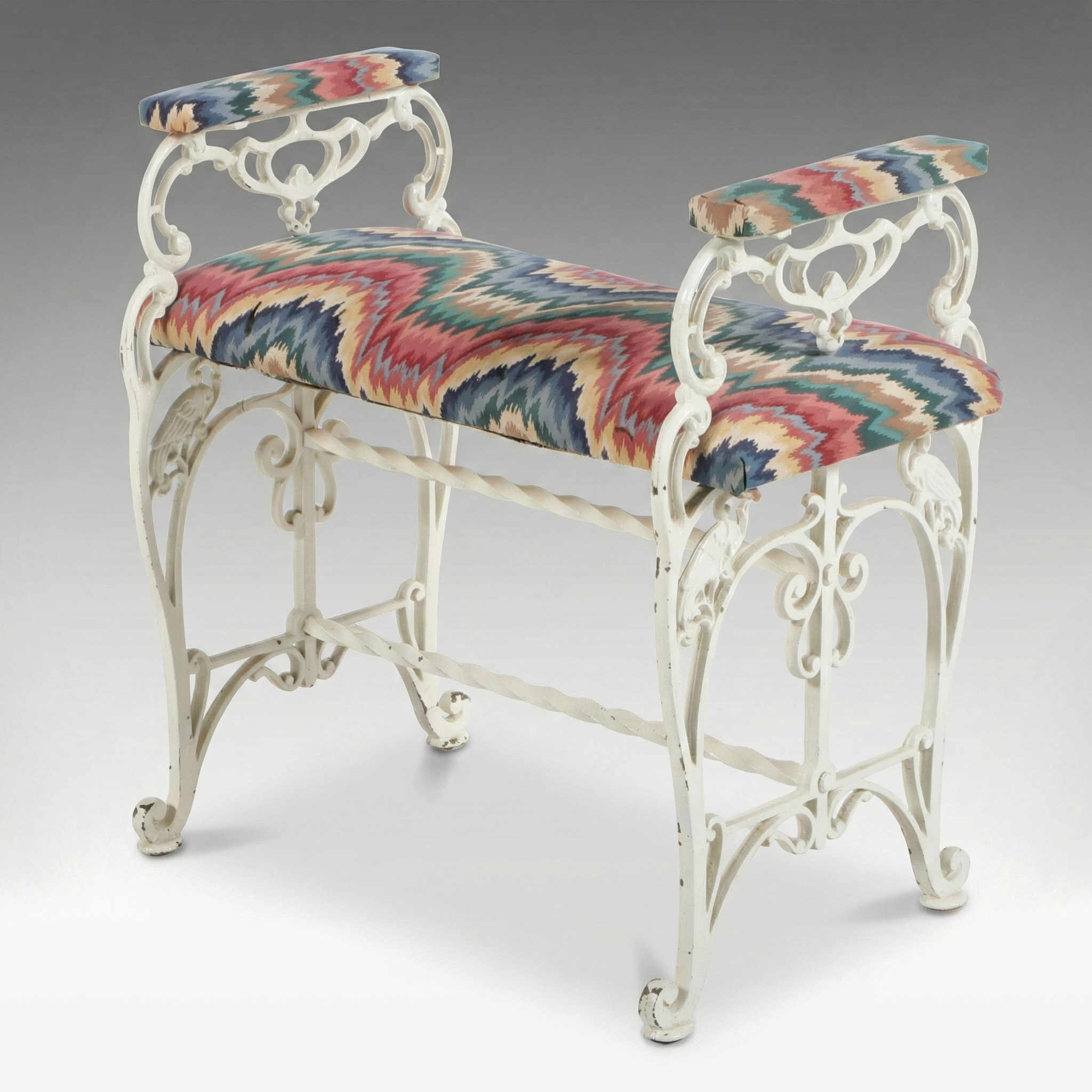 Victorian White-Painted Wrought Iron Bench with Flame Stitch Pattern ...