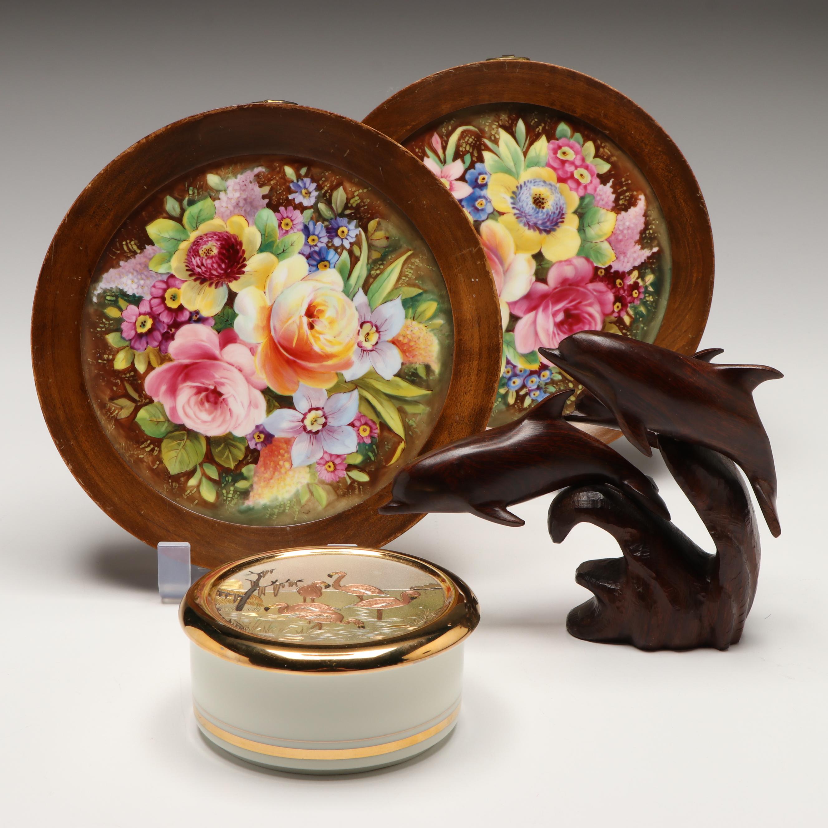 Vintage Floral Porcelain Plaques in Wood Frames with Other Décor | EBTH