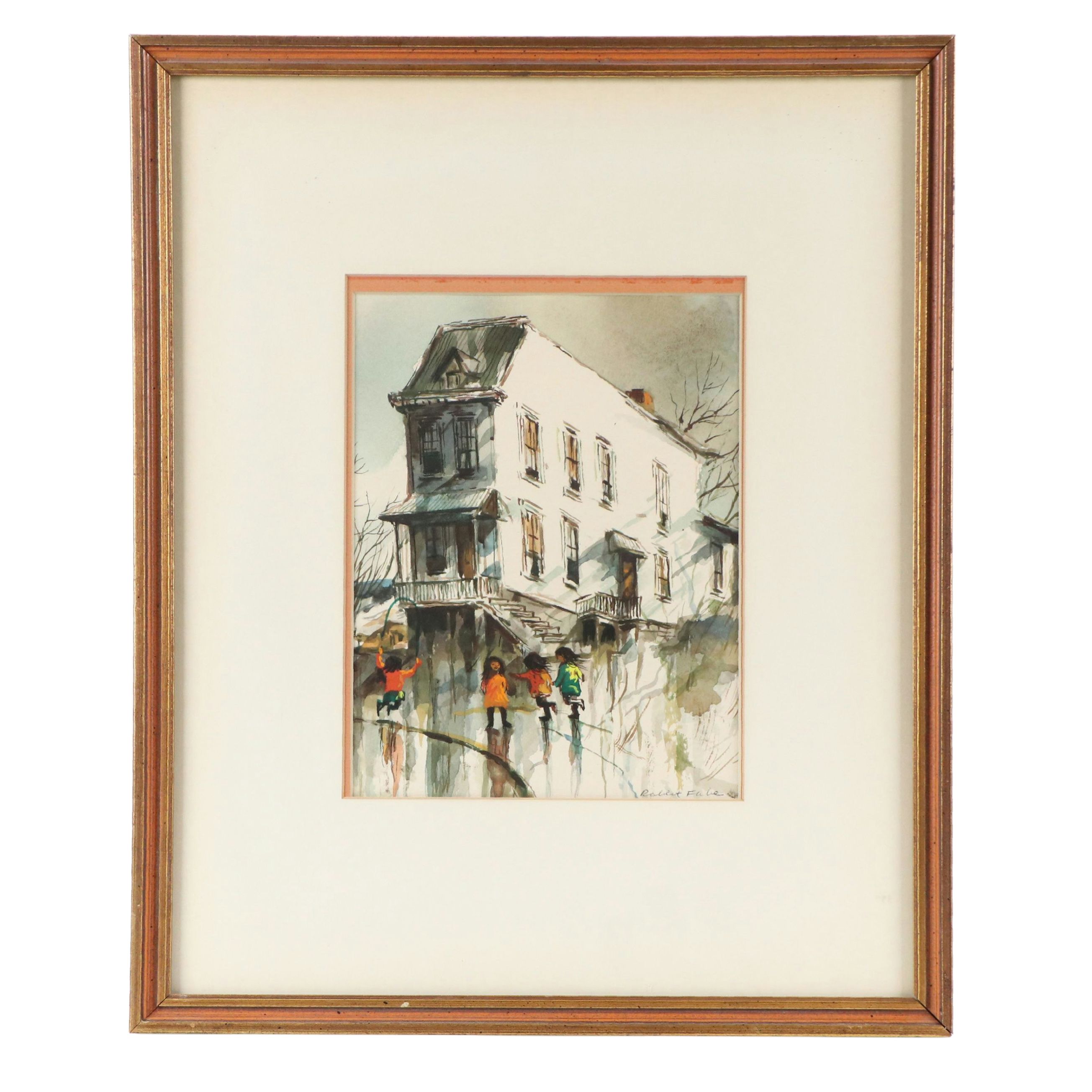 Robert Fabe Watercolor and Gouache Painting of Children Playing, 20th ...