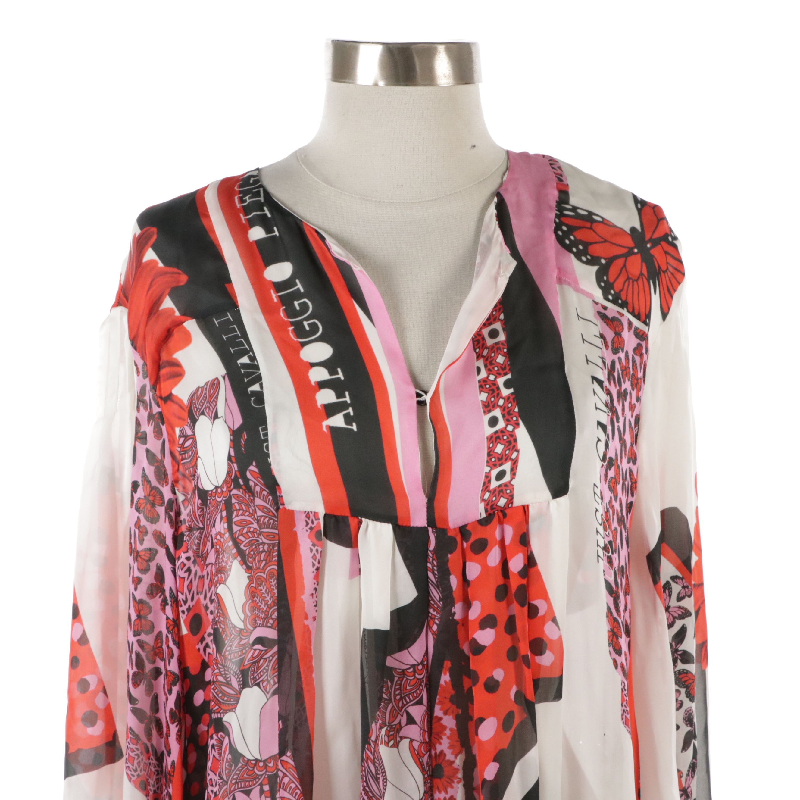 Just Cavalli Long Sleeve Tunic Top in Semi-Sheer Mixed Pattern Silk | EBTH