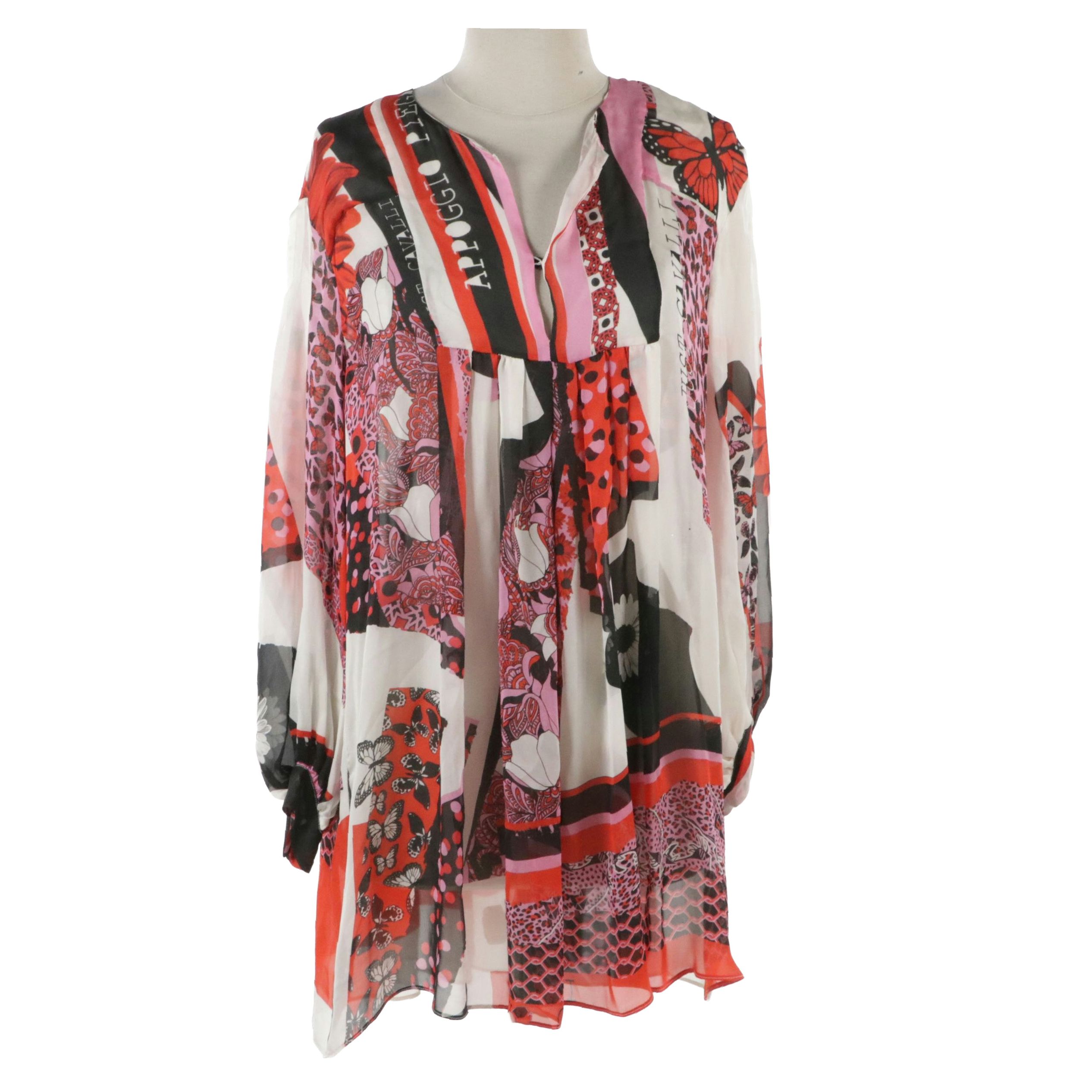 Just Cavalli Long Sleeve Tunic Top in Semi-Sheer Mixed Pattern Silk | EBTH