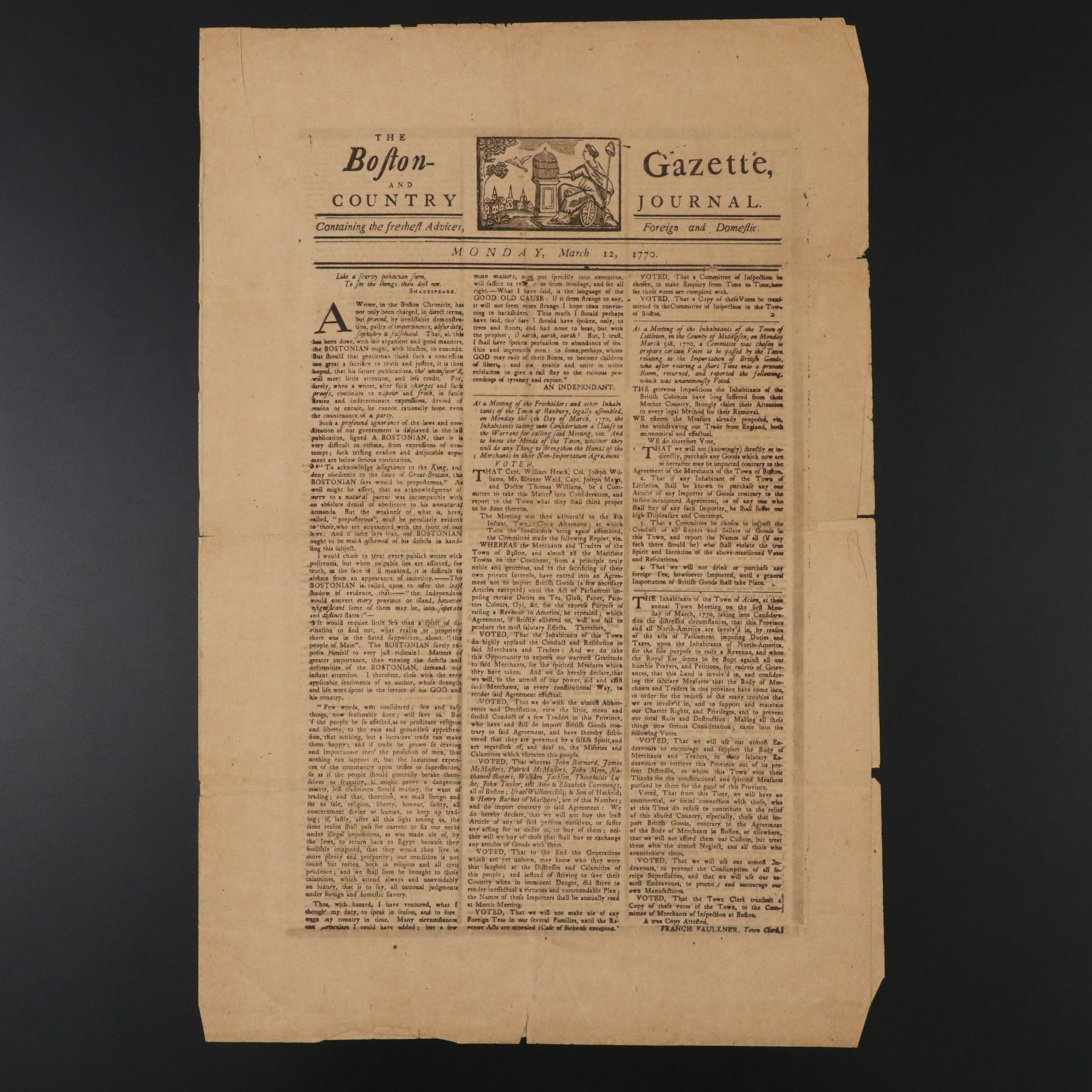 Colonial Boston "Boston Gazette" Featuring British Tensions, 1770 | EBTH