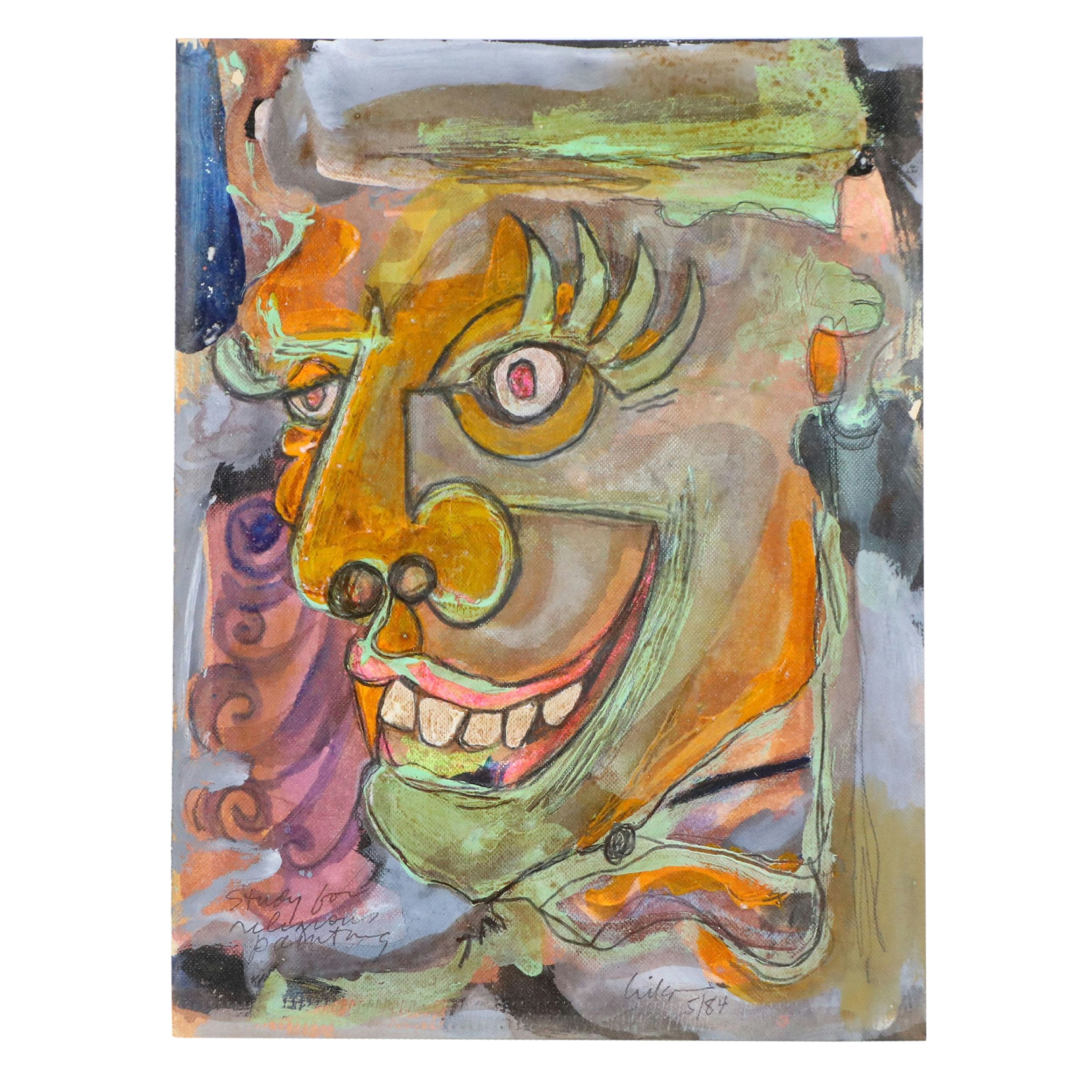Harry Hilson Mixed Media Painting "Demonic Head," 1984 | EBTH